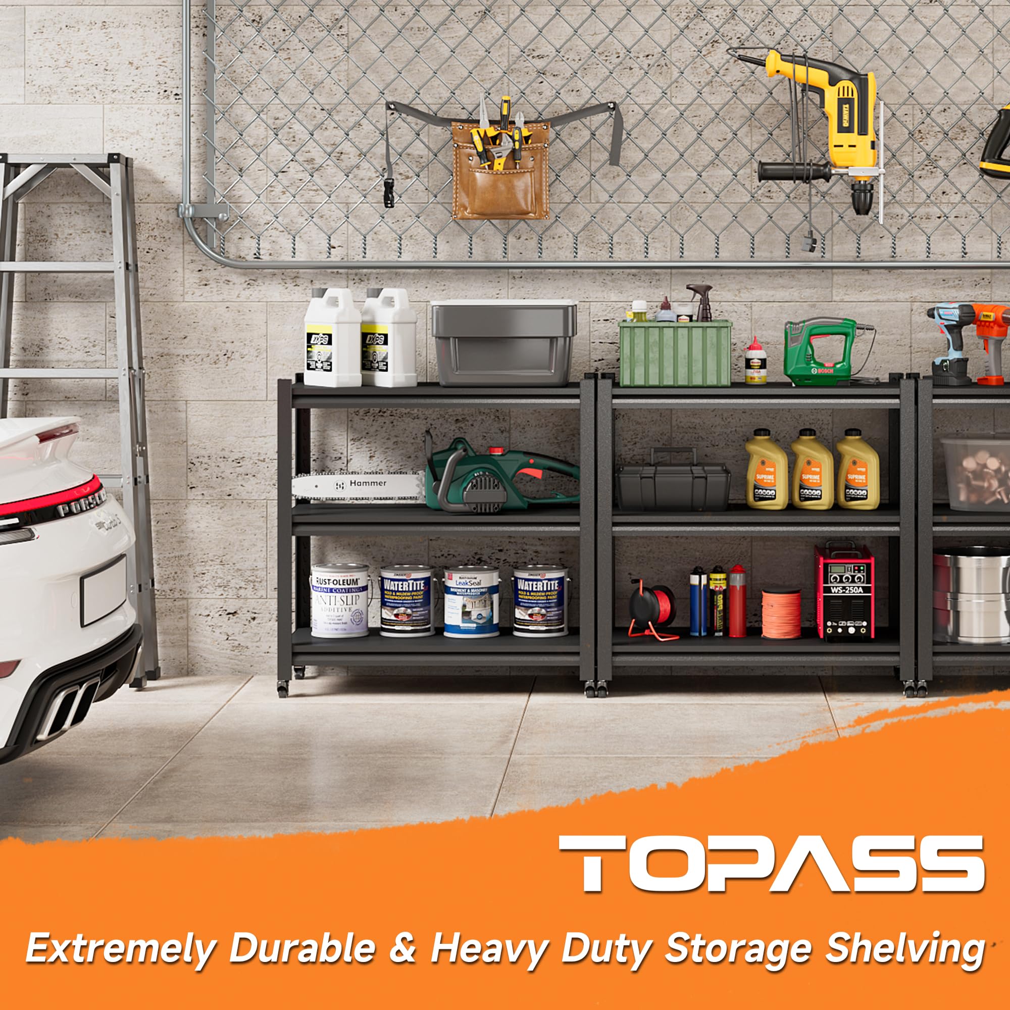 Topass Storage Shelves, Bakers Rack with Wheels, 3-Tier Metal Shelving Unit with Wheels for Kitchen Garage Office, Kitchen Stand with Adjustable Rack (18" D x 34" W x 32" H)