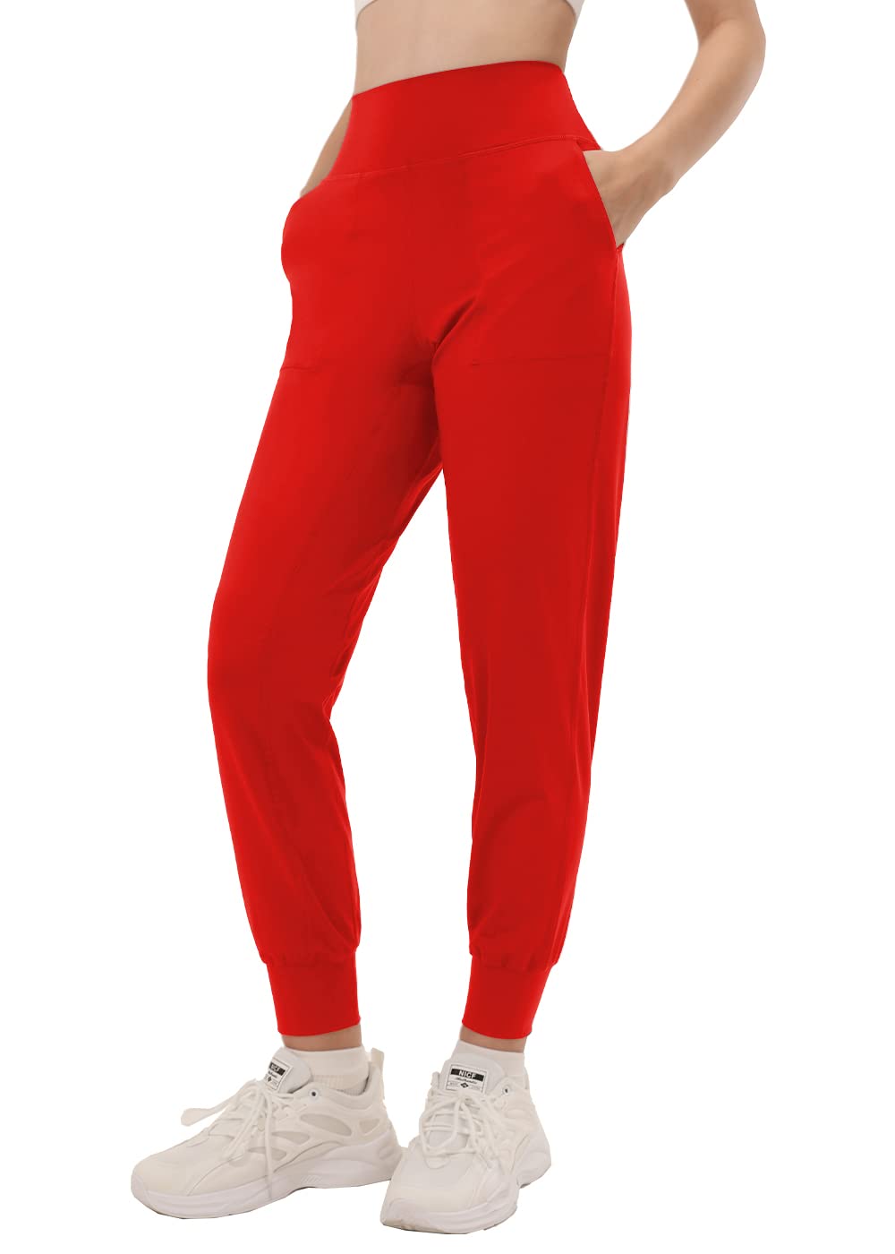 Rosemmetti Women's Joggers with Pockets,High Waist Tapered Sweatpants for Workout,Yoga,Running- Tomato red-M
