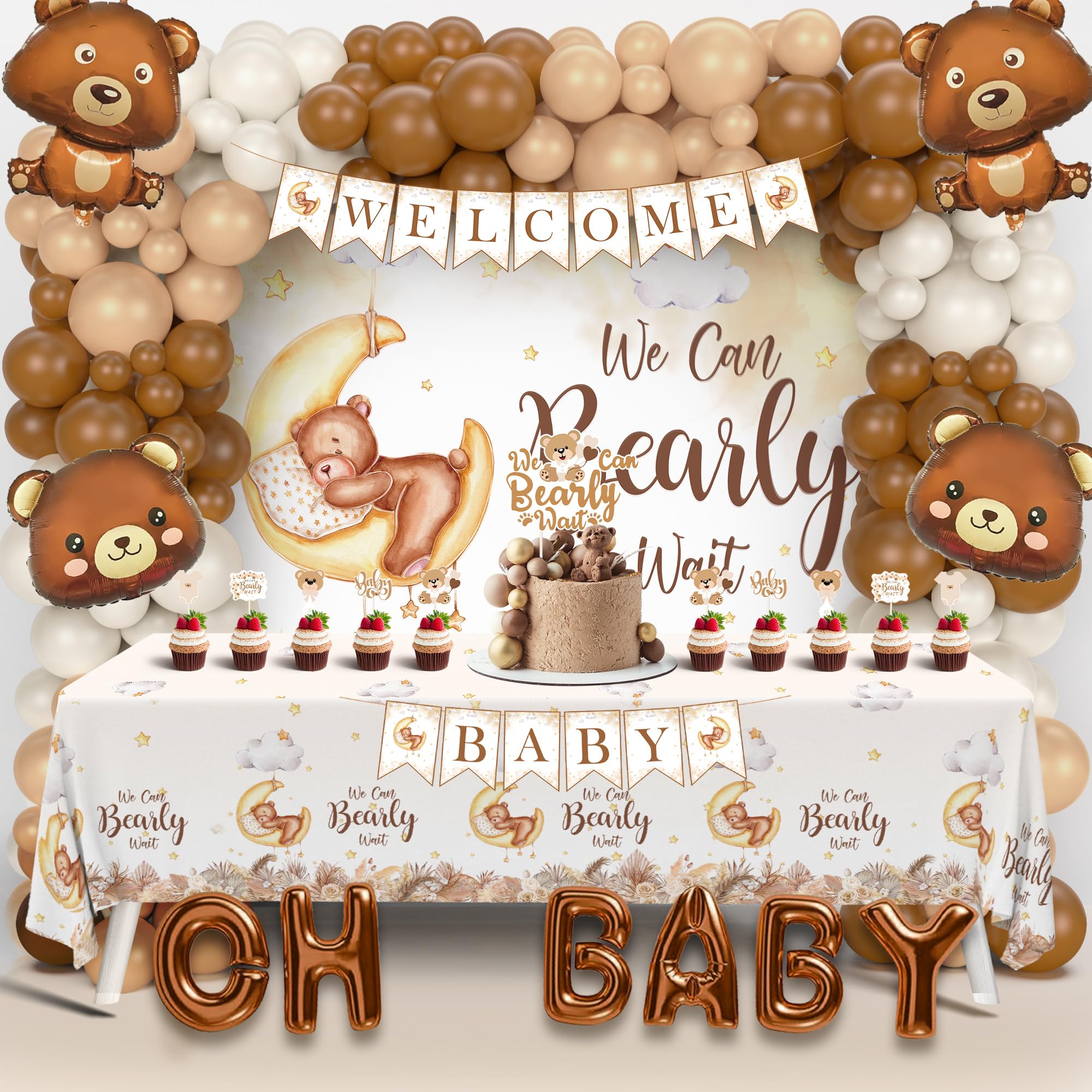We Can Bearly Wait Baby Shower Decorations, Neutral Teddy Bear Baby Shower with Baby Shower Backdrop Tablecloth Cake Topper Balloon Garland Kit for Cute Bear Gender Reveal Decor