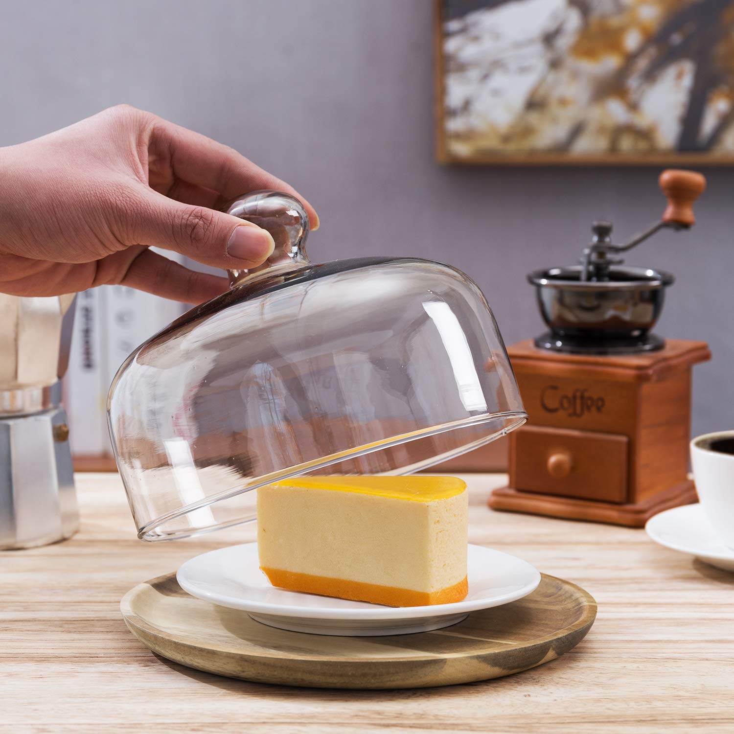 MyGift 7.5 Inch Small Clear Glass Dessert/Cheese Cloche Dome with Acacia Wood Serving Tray