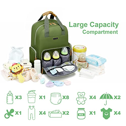 WITSTEP Diaper Bag Backpack with Changing Station, Baby Diaper Bag Organizer for Moms Dads-Diaper Tote Bags for Hospital Stroller Travel Bag for Airplane,Baby Eessentials/Large Capacity,Green