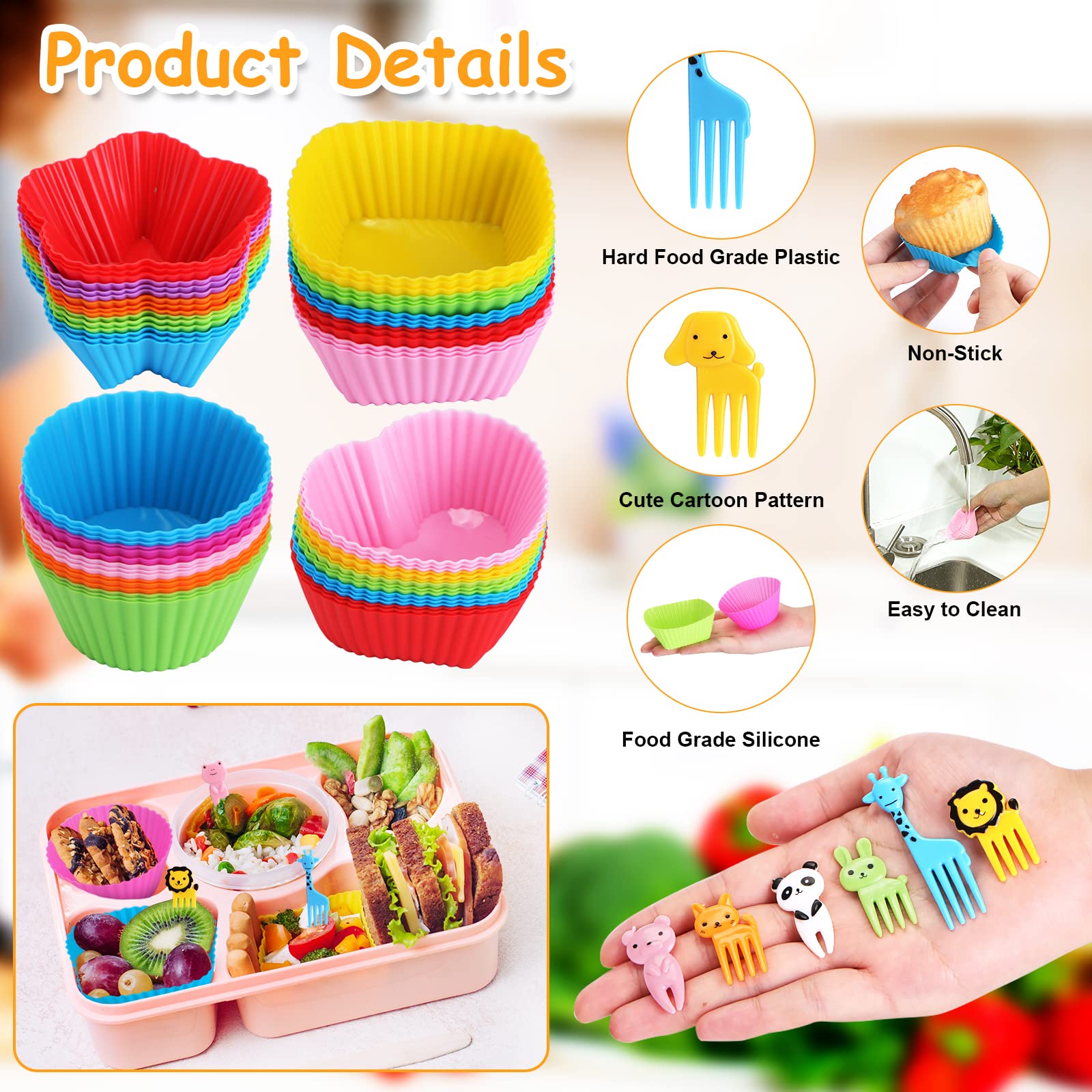 Piklodo 80Pcs Slicone Lunch Box Dividers, 60Pcs Silicone Dividers and 20Pcs Fruit Food Picks, Reusable Lunch Box Divider Inserts Multicolor Silicone Cupcake Liners Lunch Accessories