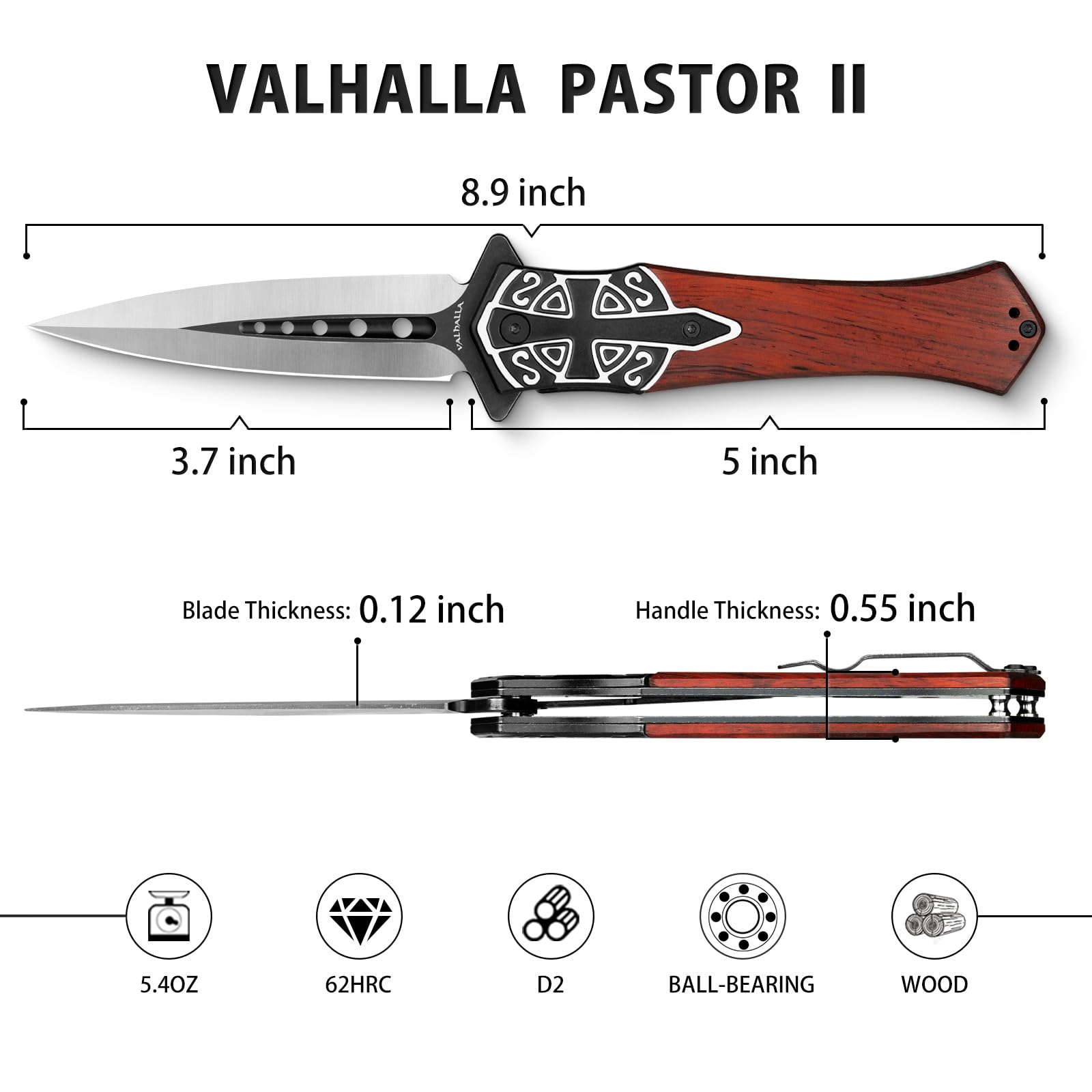 VALHALLA PASTOR 2 Pocket Knife, 3.7'' D2 Steel Cool knives, 3D Retro Embossed Folding Knife with Wooden Inlay, Pocket Knife For Men, Liner Lock, Gift for men women