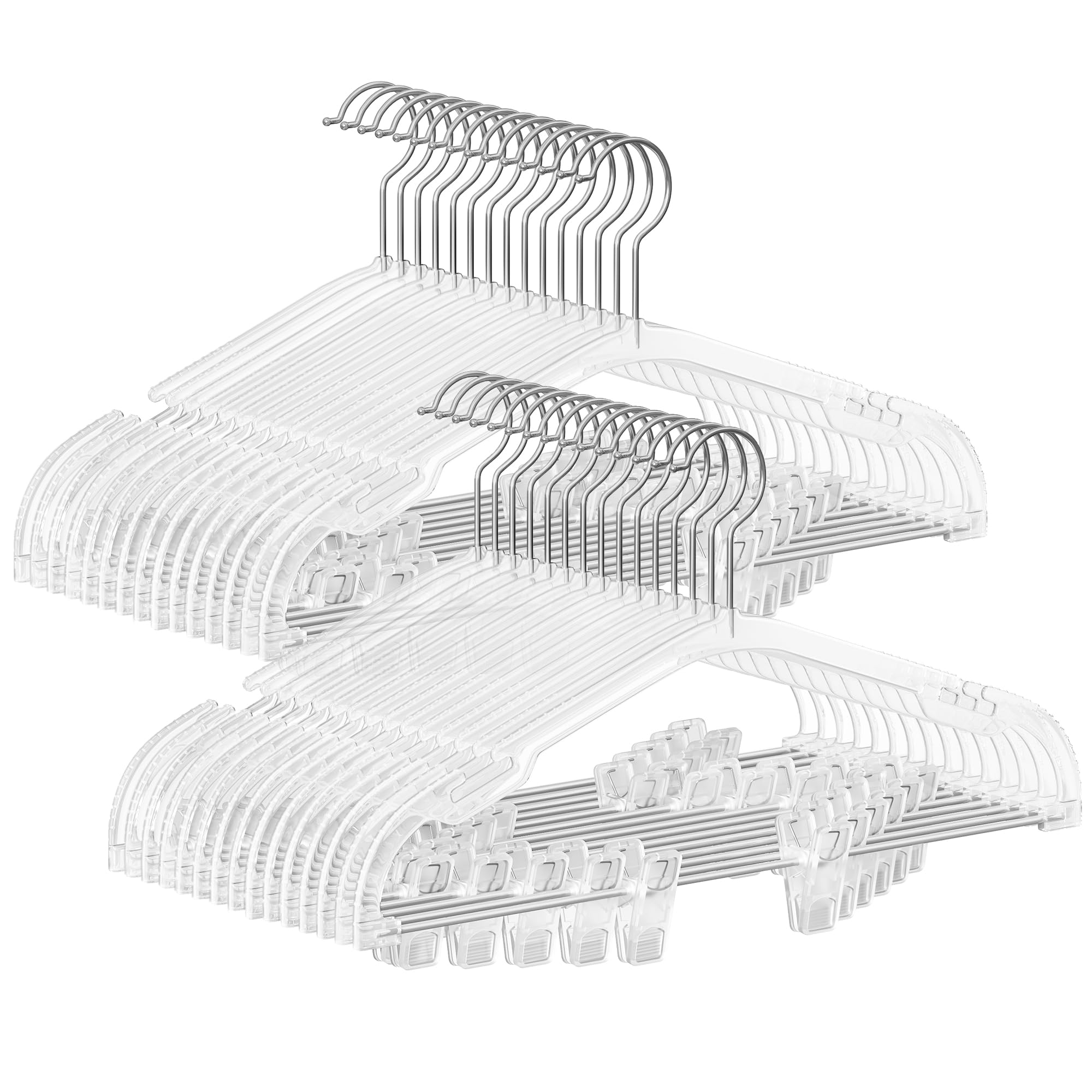 SONGMICS Pants Hangers 30 Pack, Clear Plastic Hangers, 16 x 8.9 Inches, Skirt Hangers with Adjustable Clips, Wide Shoulder Notches, 360° Swivel Hook, for Pants, Skirts, Dresses, Clear UCRP075W01