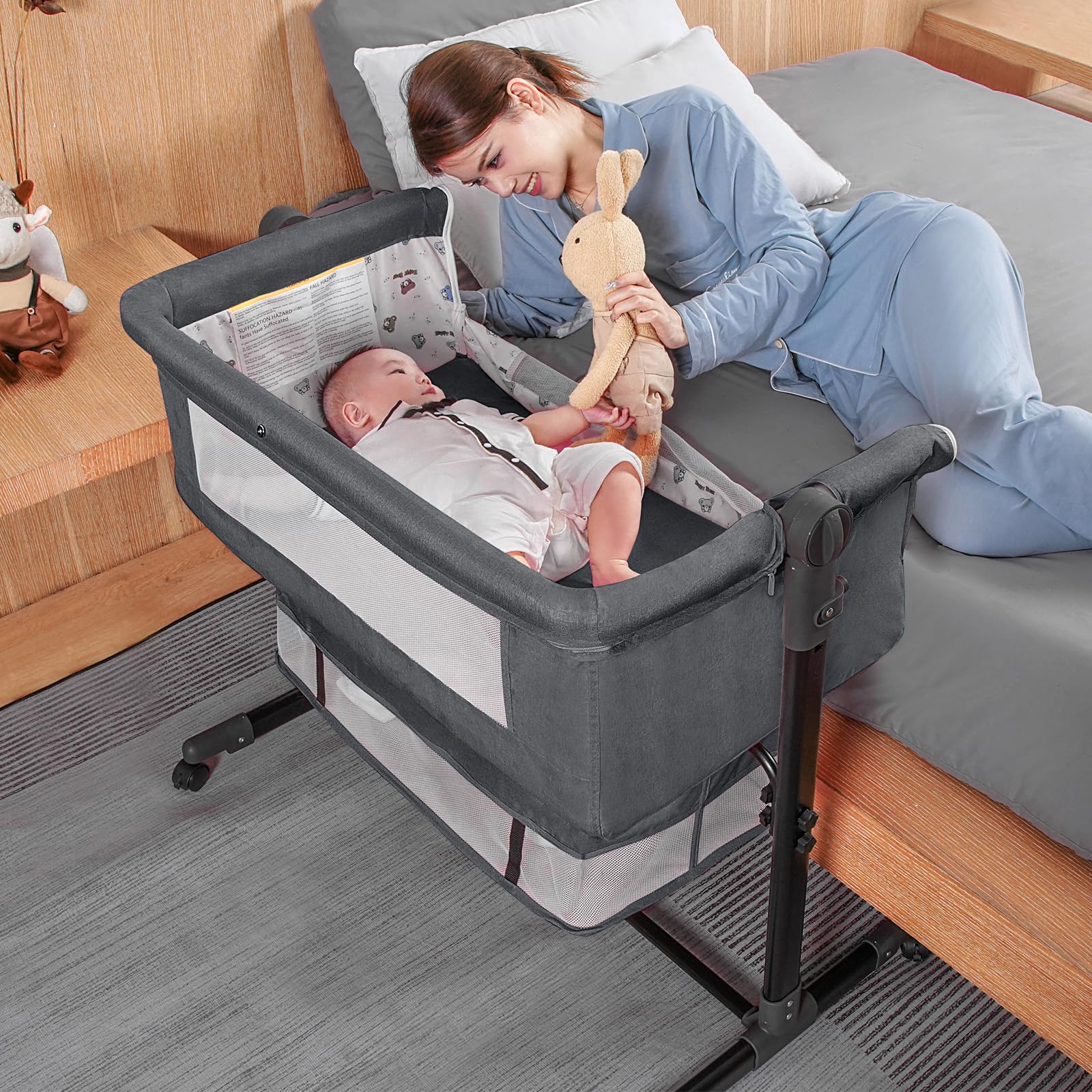 RICUTON Bassinet Bedside Sleeper, 3 in 1 Bedside Bassinet for Baby with Mosquito Nets and Wheels, Large Storage Bag, Heigt Adjustable, Easy Assemble