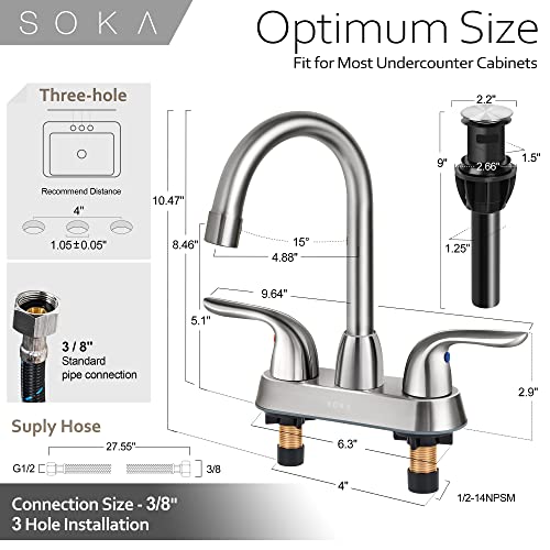 SOKA Centerset Bathroom Sink Faucet Two Handles High Arc 4" Lavatory Bath With Deck Plate & Pop-Up Drain Fit 3 Hole Installation, Brushed Nickel (SK18001NY)