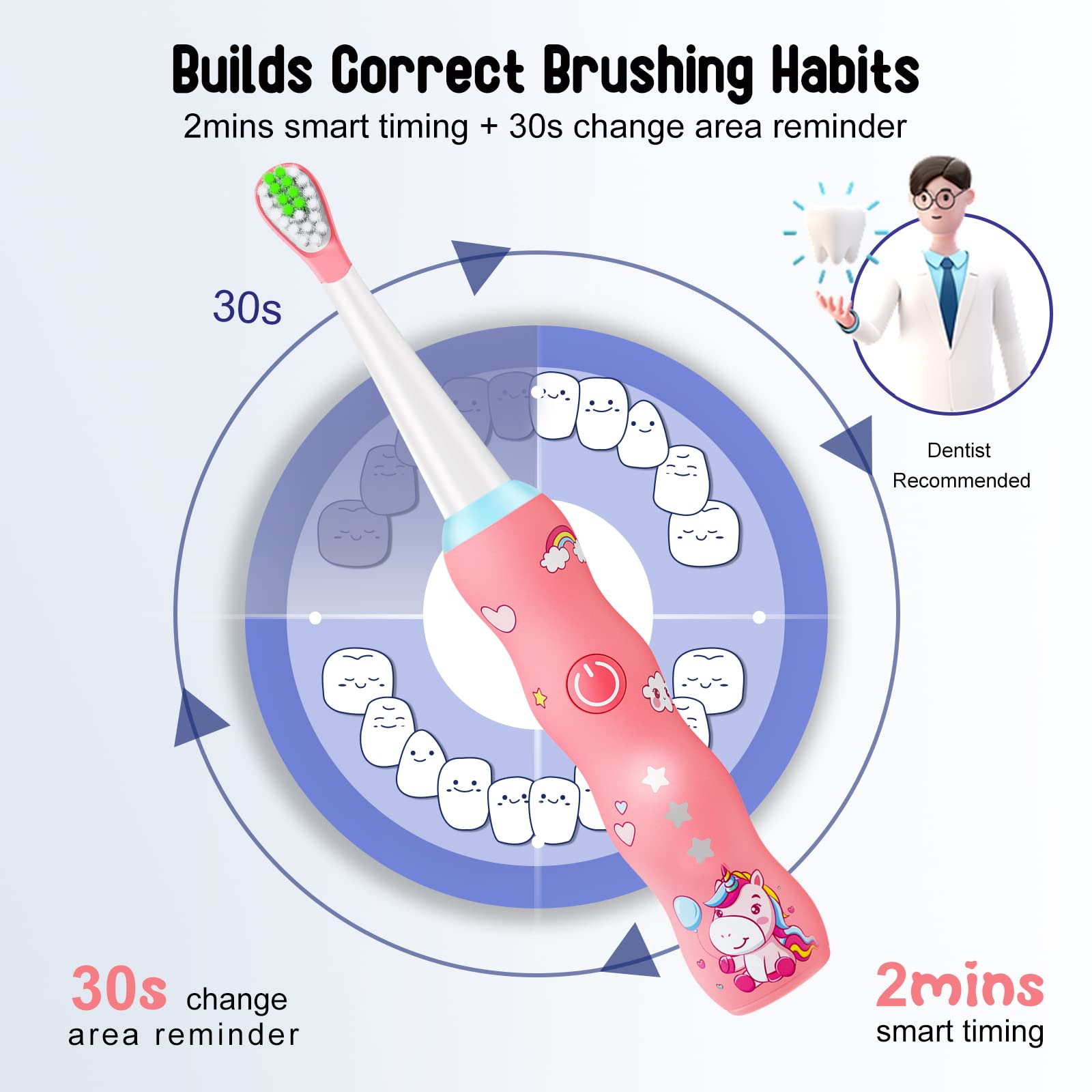 Sonic Rechargeable Electric Toothbrush: Interactive Smart LED Light Silicone Tooth Brush with 3 Cleaning Modes 2 Minute Timer IPX7 Waterproof 2 Soft Bristles Heads for Boys Girls Ages3+