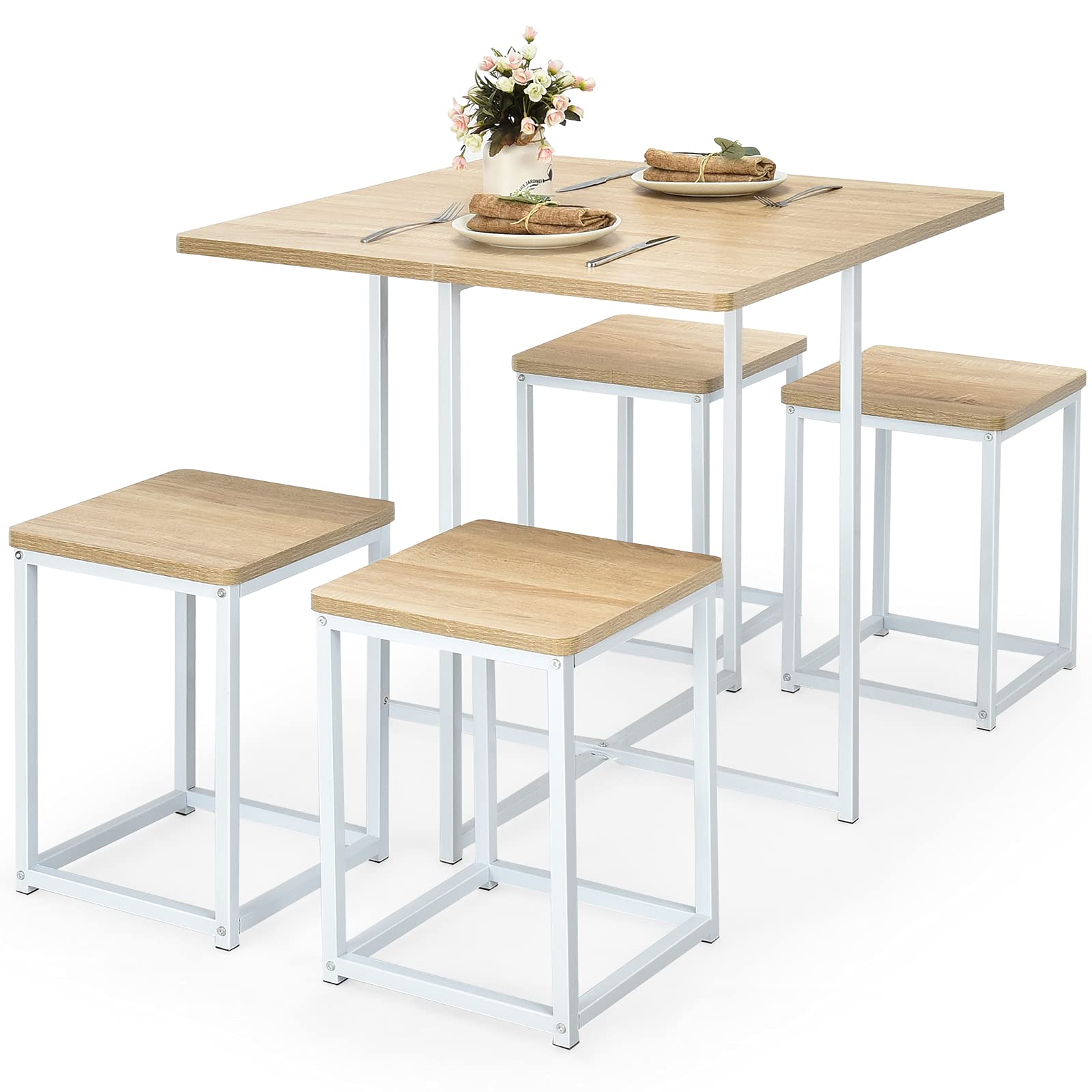 KOTEK Dining Table Set for 4, Kitchen & Dining Room Table Sets with 4 Square Stools, Metal Frame, 5 Piece Compact Kitchen Table and Chairs for Small Space (Walnut & Black)