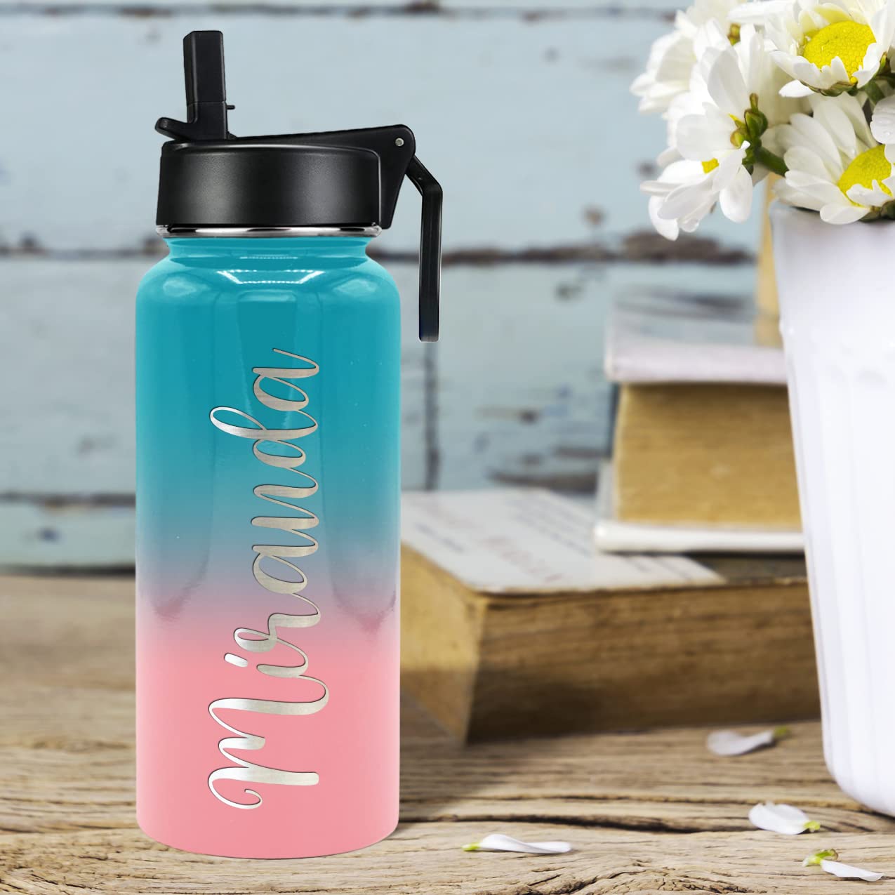 Personalized Water Bottle with Straw Lid on Cotton Candy Ombre for Gym Engraved Custom Women Name 32 oz Modern Insulated Stainless