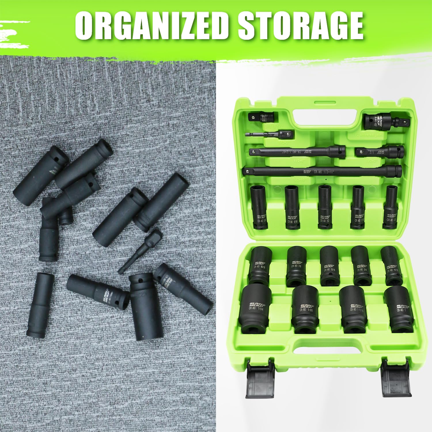 SUNHZ MCKP 20 PCS 1/2" Impact Socket Set, Drive Deep 6 Point Socket Set, Including Standard SAE Sockets (3/8" to 1-1/4"), 3 ", 6", 10" Impact Extension Bar and Drill Socket Adapter, Cr-MO