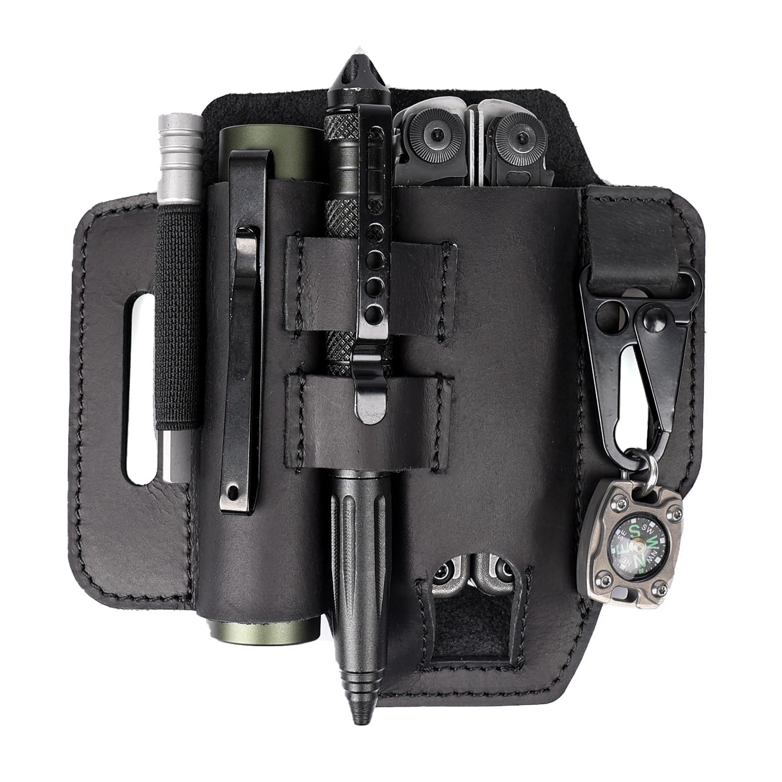 Topstache Multitool Sheath for Belt - EDC Belt Organizer - Leather Multitool Holster with Flashlight Holder, Elastic Band Pen Holder and Keychain Clip - Multitool Holder - Multitool Pouch, Black