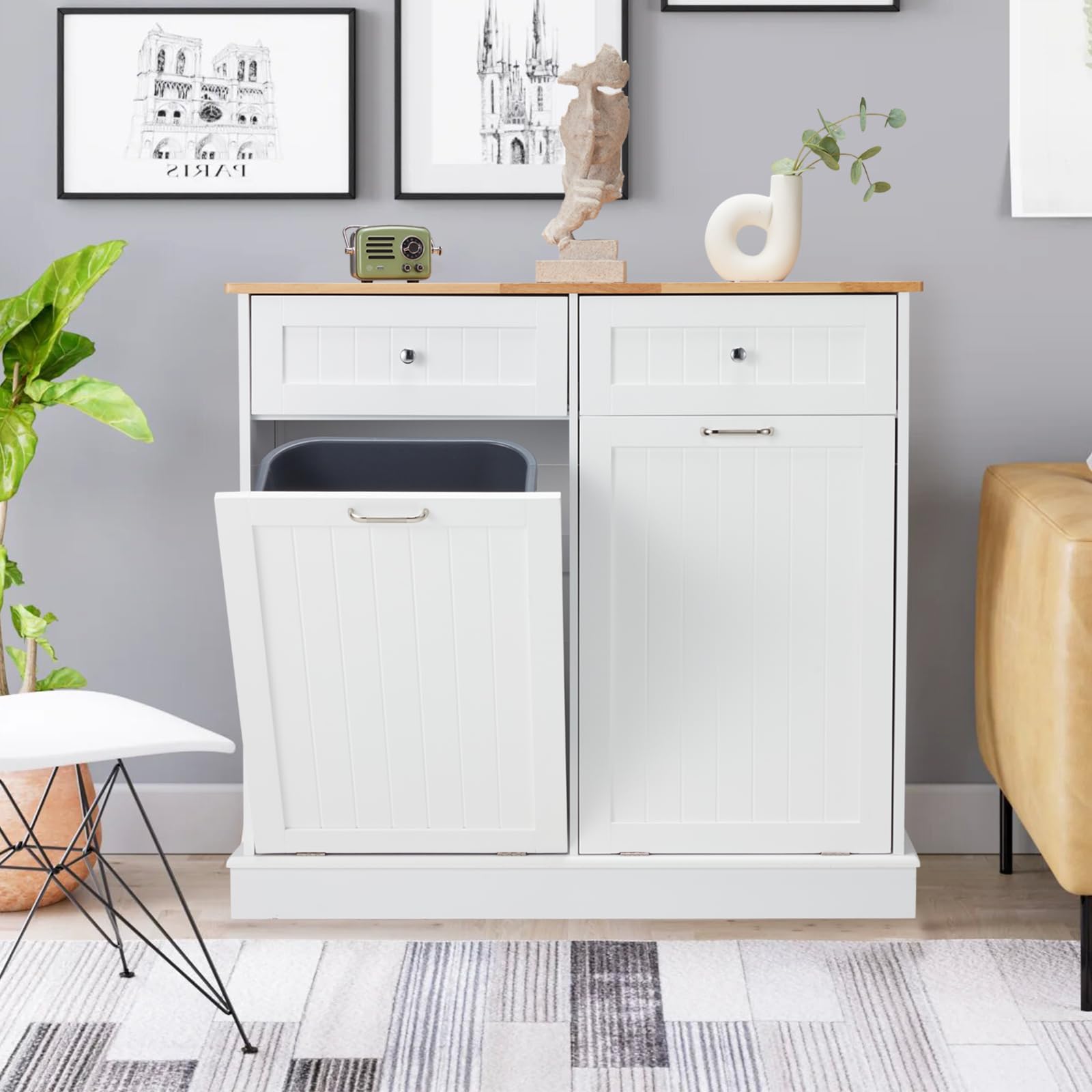 YDTOP Double Trash Can Cabinet, Trash Cabinet Tilt Out 20 Gallon, Wood Garbage Recycling Station Hideaway Trash Holder Drawers, Kitchen Dog Proof Trash Can(White)