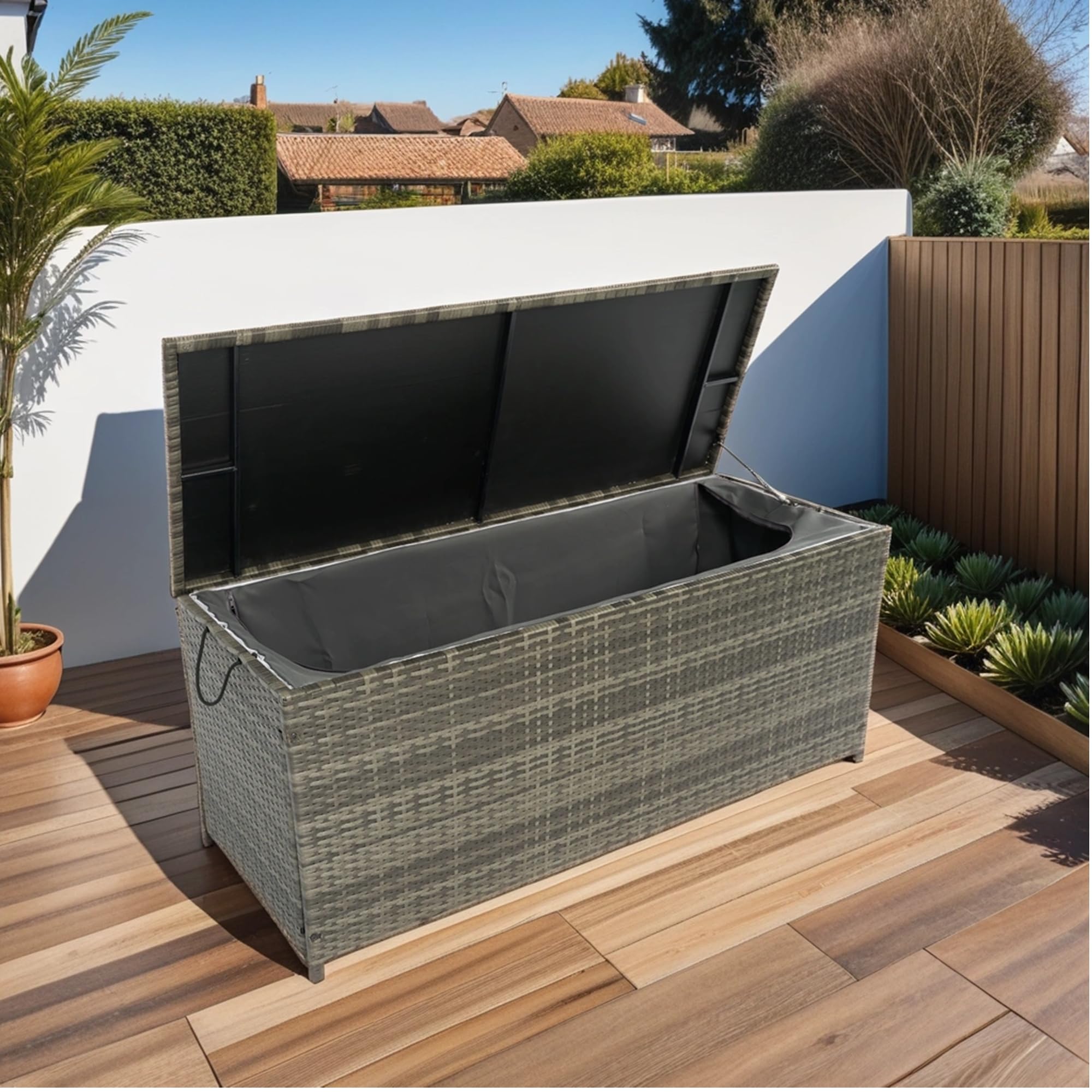 SonkYog Outdoor Storage Box Rattan Patio- 113 Gallon Water-Resistant Liner & Metal Frame, Dual-Use as Side Table,Gray
