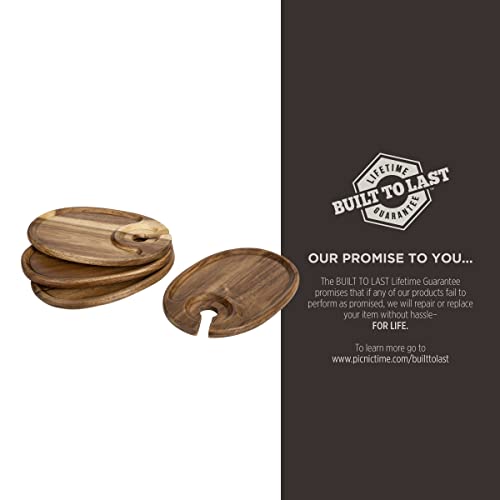 PICNIC TIME TOSCANA -Wine Appetizer Plates, Cocktail Plate with Glass Holder, Cheese Board with Wine Holder, (Acacia Wood), 9 x 6, Set of 4