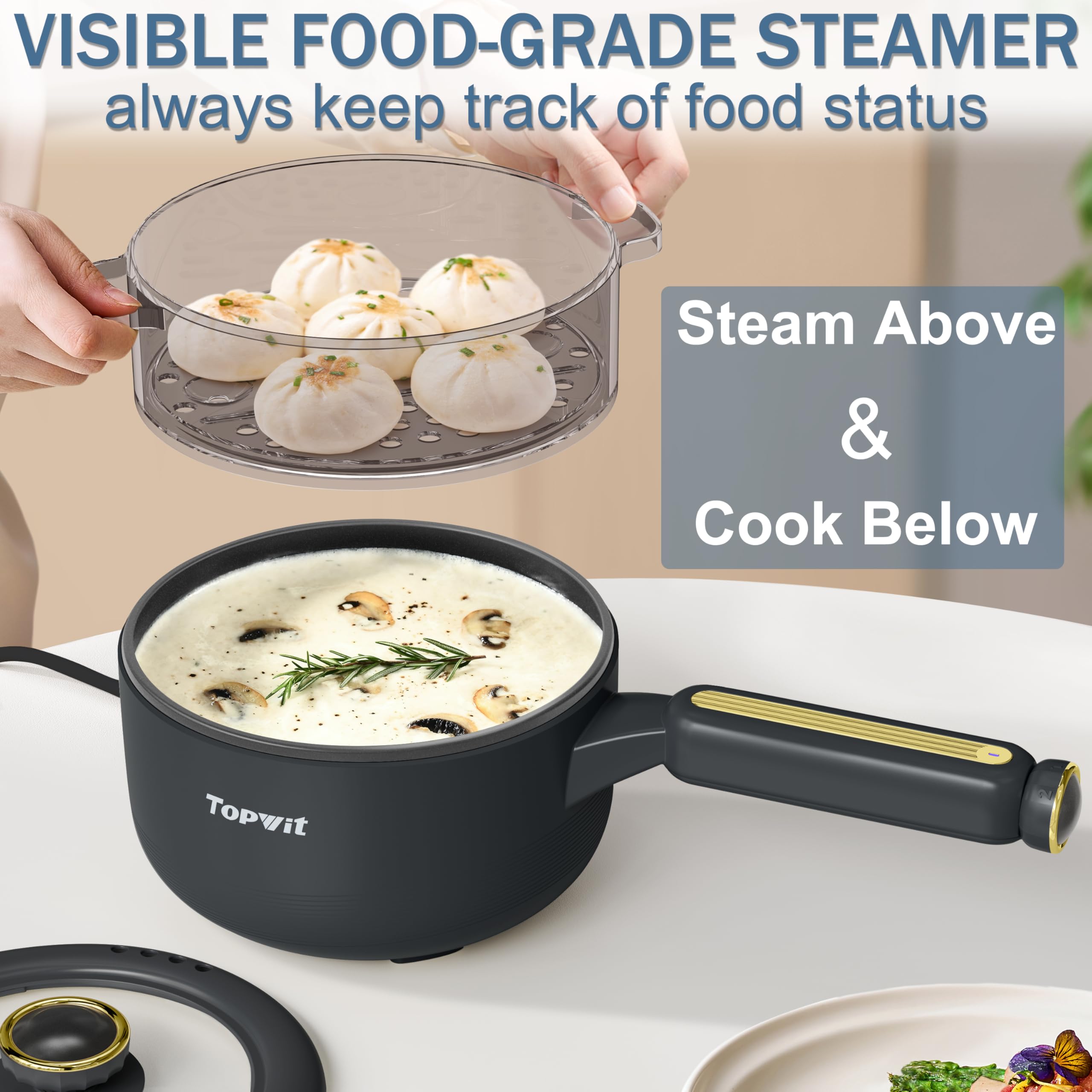 TOPWIT Hot Pot Electric with Steamer, 2L Multifunctional Electric Pot, Non-Stick Fring Pan, Portable Pot for Steak, Fried Rice, Ramen, Soup with Dual Power Control (Silicone Spatula Included), Grey