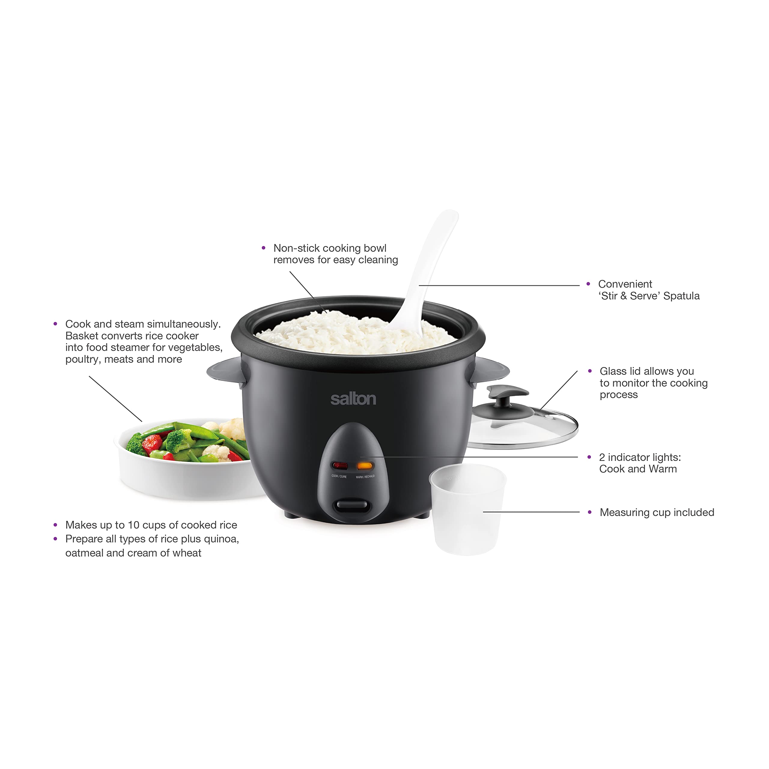 Salton 10 Cup Drum Style Automatic Rice Cooker with Food Steaming Basket, Measuring Cup & Spatula, Removable Non-Stick Cooking Bowl (RC2088)