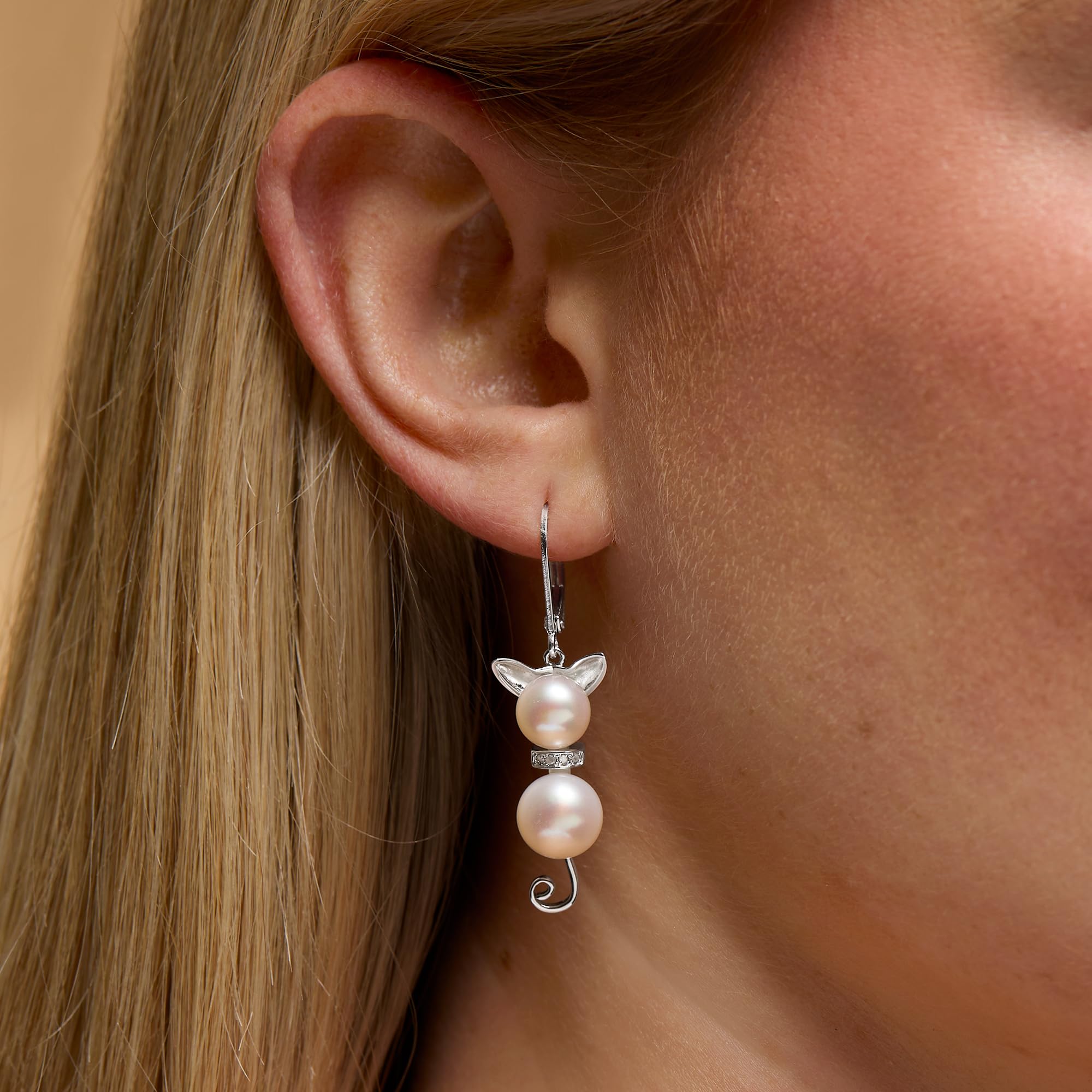 Ross-Simons 7.5-9mm Cultured Pearl and Diamond-Accented Cat Drop Earrings in Sterling Silver