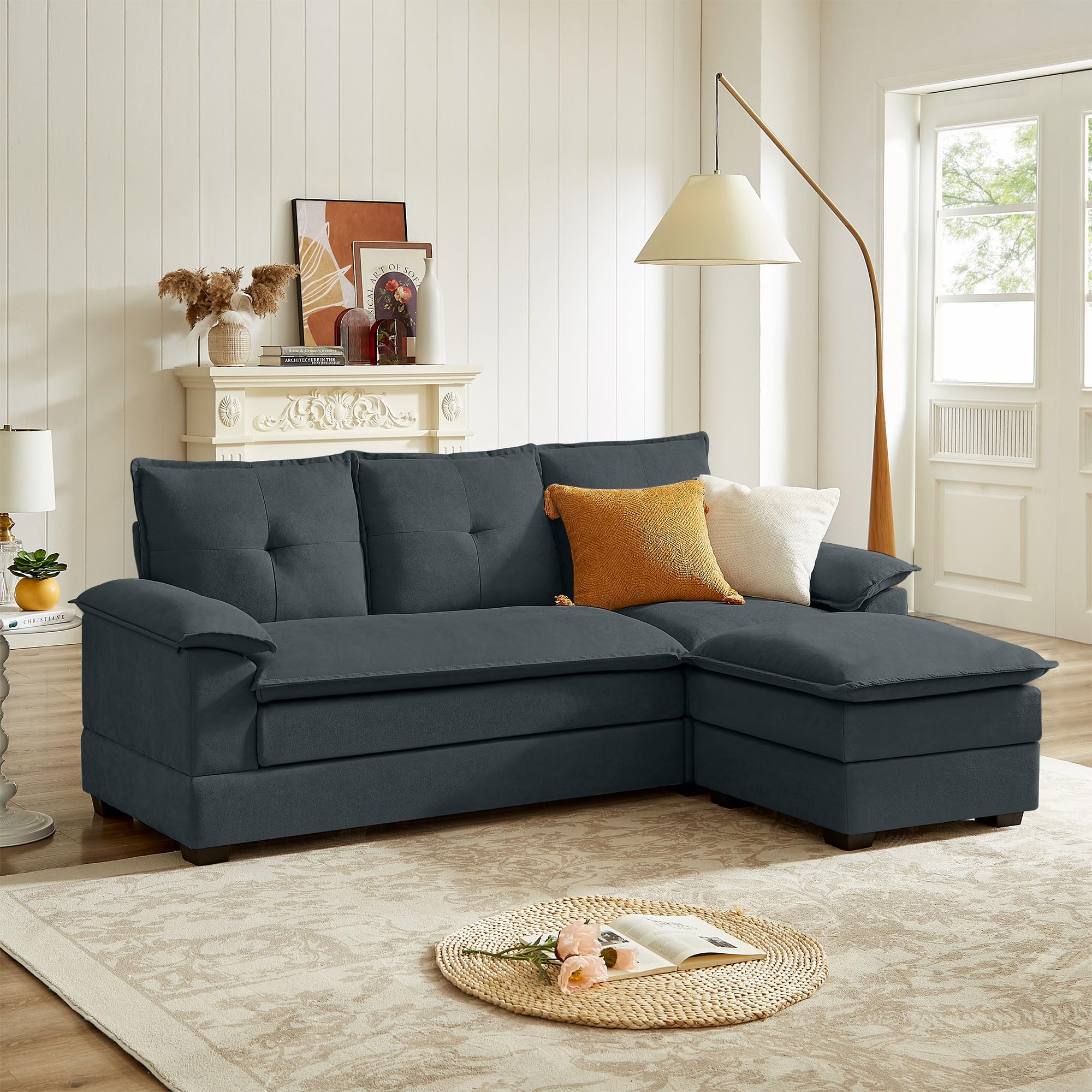 Tornama Convertible Sectional Sofa, 82" Comfy Couches for Living Room, 3 Seat Cloud Couch, L Shaped Couch with Ottoman for Apartment, Studio, Office, Dark Grey