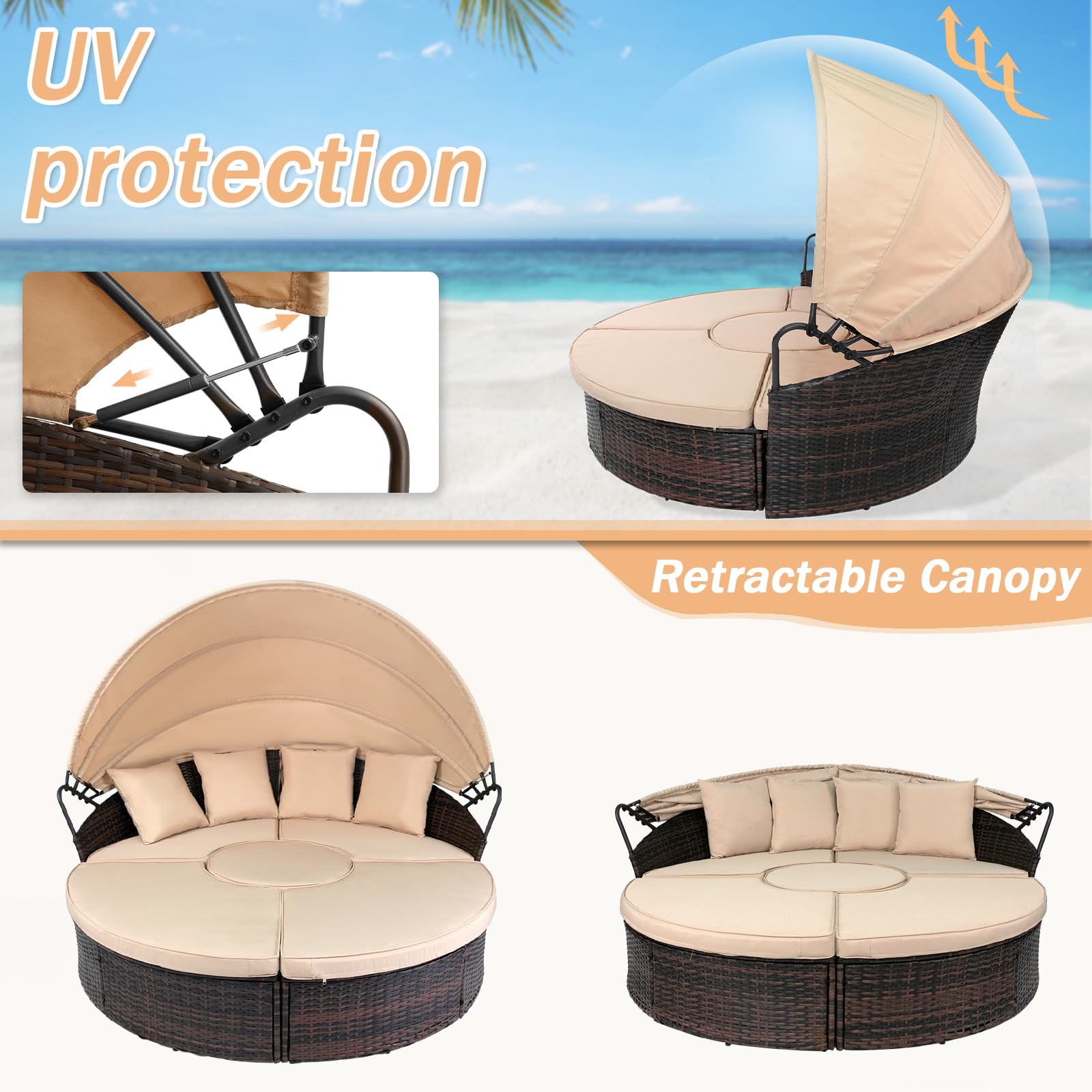 SOLAURA Outdoor Round Daybed, Patio Daybed with Retractable Canopy and Brown Wicker Patio Sectional Sofa, Seating Separates Cushioned Seats (4 Light Brown Pillow)