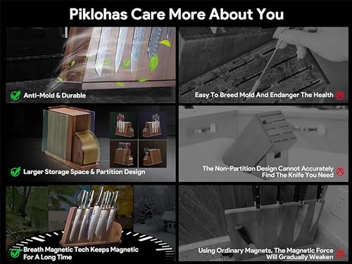 Piklohas Kitchen Knife Sets For Kitchen With Block, 14 Pieces With Magnetic Knife Holder, German High Carbon Stainless Steel Damascus Pattern Chef Knife Set With Sharpener, Steak Knives, Black