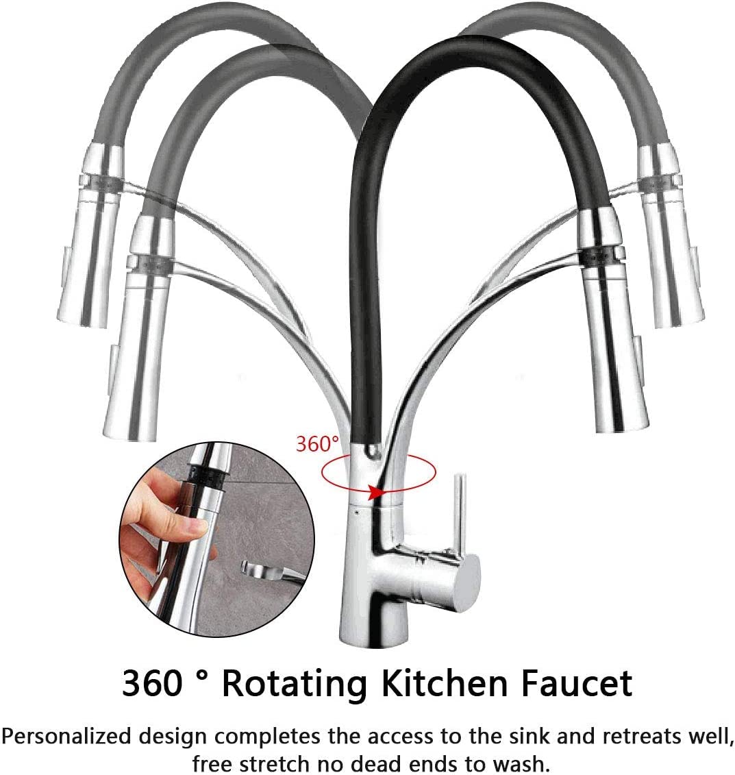 Kitchen Sink Faucet, 360° Swivel Kitchen Mixer Taps with Black Silicone Hose Chrome Finish, Kitchen Mixer Faucet 2 Modes Extractable Handheld Shower Pull Out Down Sprayer, Cold Hot Water Faucets