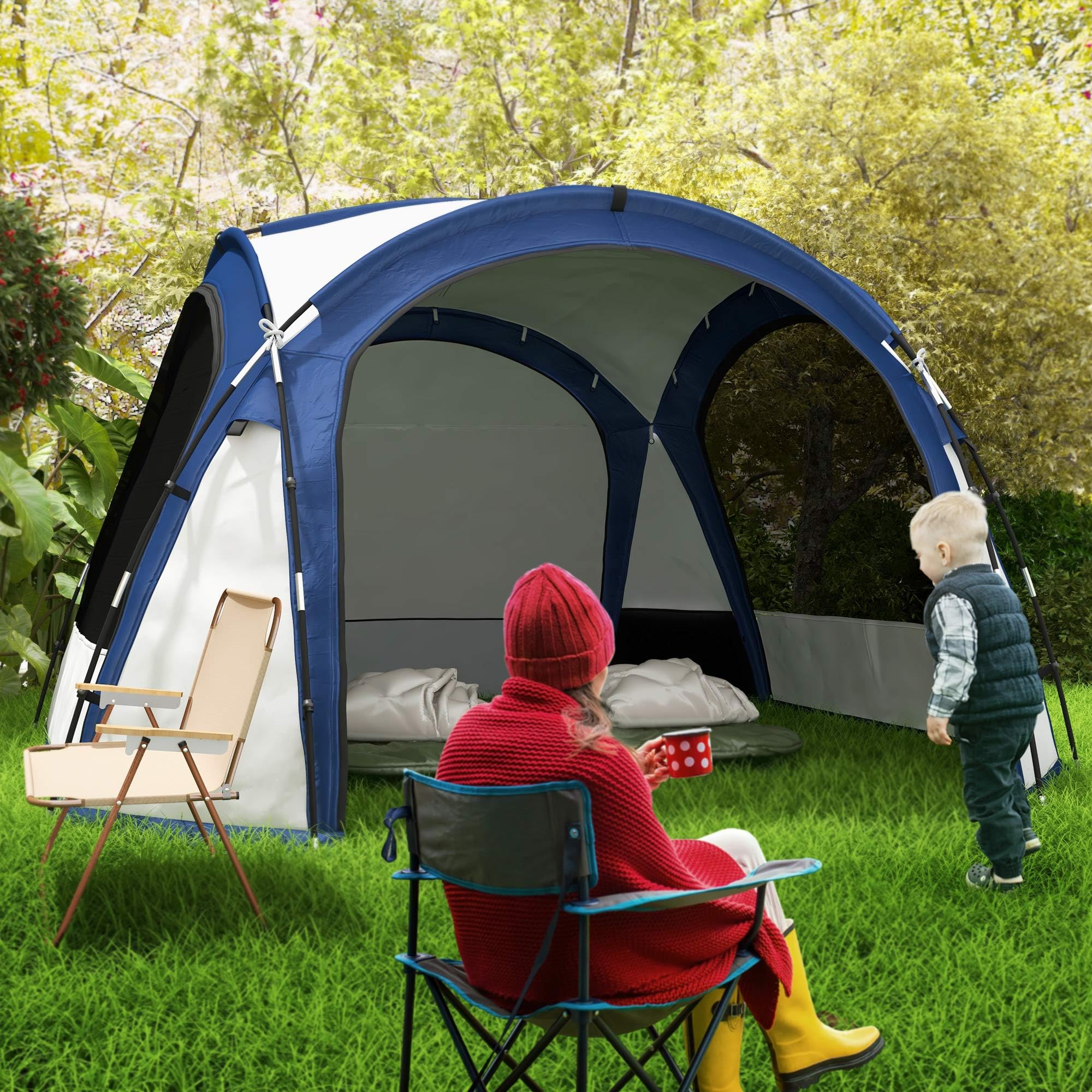 Outsunny 6–8 Person Dome Tent, Camping Tent with 4 Zipper Mesh Doors, Lamp Hook, Portable Carry Bag, Screen Shelter with 2 Removal Wind/Sun Panels, White