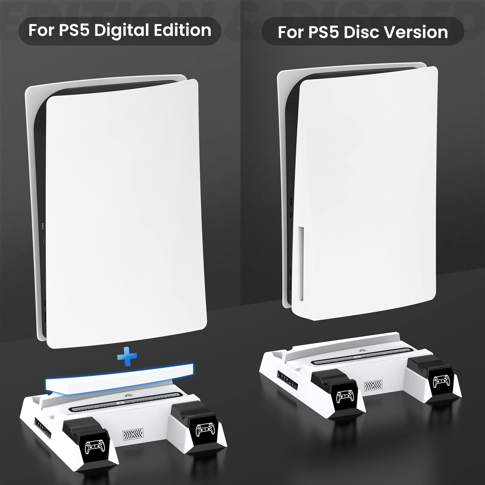 RIIKUNTEK PS5 Stand with Cooling Fan and Dual Controller Charger Compatible with PS5 Console, PS5 cooling stand with Charging Dock Station, 3 Fans Speed, 11 Game Slots, Headset Hook, White