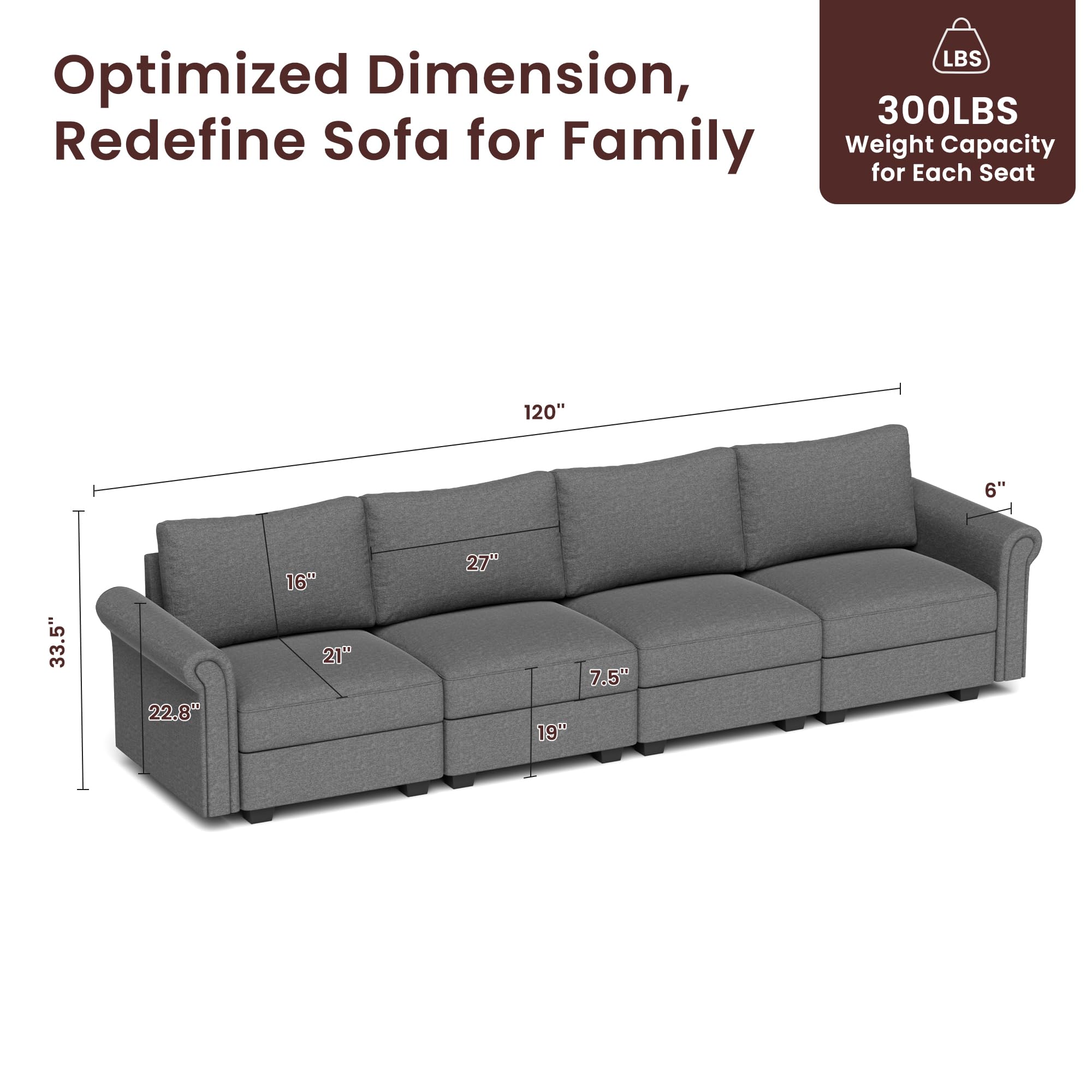 UniPon Modular Sectional Sofa with Storage Seat Upgrade Large U Shaped Sofa Couch with Chaise, 6 Seats 120''L Modular Sofa Convertible Couch for Living Room/Deep 27'' Ottoman/Memory Foam Cushion