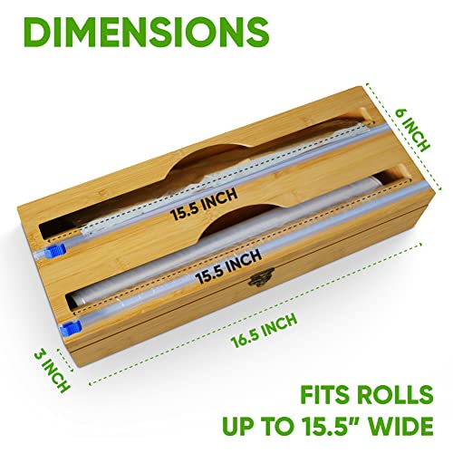 PLANET KITCHEN Extra Wide Foil and Plastic Wrap Organizer and Dispenser with Cutter - Ideal for Aluminum Tin Foil, Parchment Roll, Wax Paper, Saran Wrap, Cling Film - 16.5” x 6” - 2 Tier
