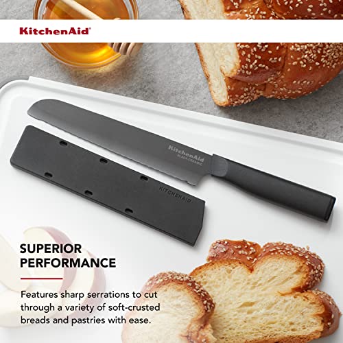 KitchenAid Classic Ceramic Serrated Bread Knife with Custom-Fit Blade Cover, Sharp Kitchen Knife, Dishwasher-Safe, 8-Inch, Black