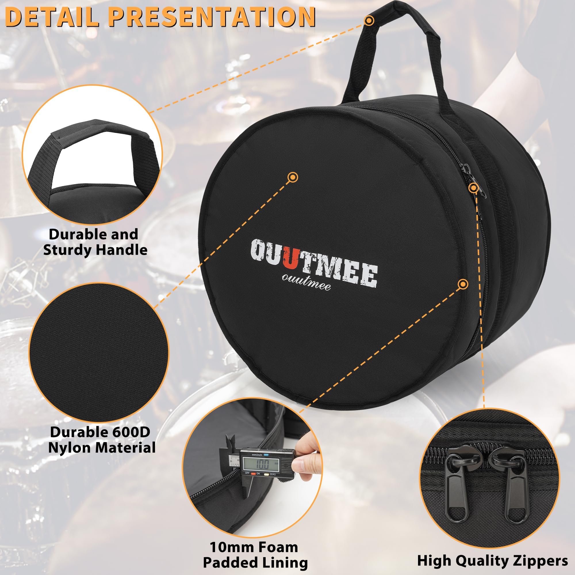 OUUTMEE Bass Drum Bag For Snare Drum 14"x8", 10mm Thick Padded Travel Drum Case