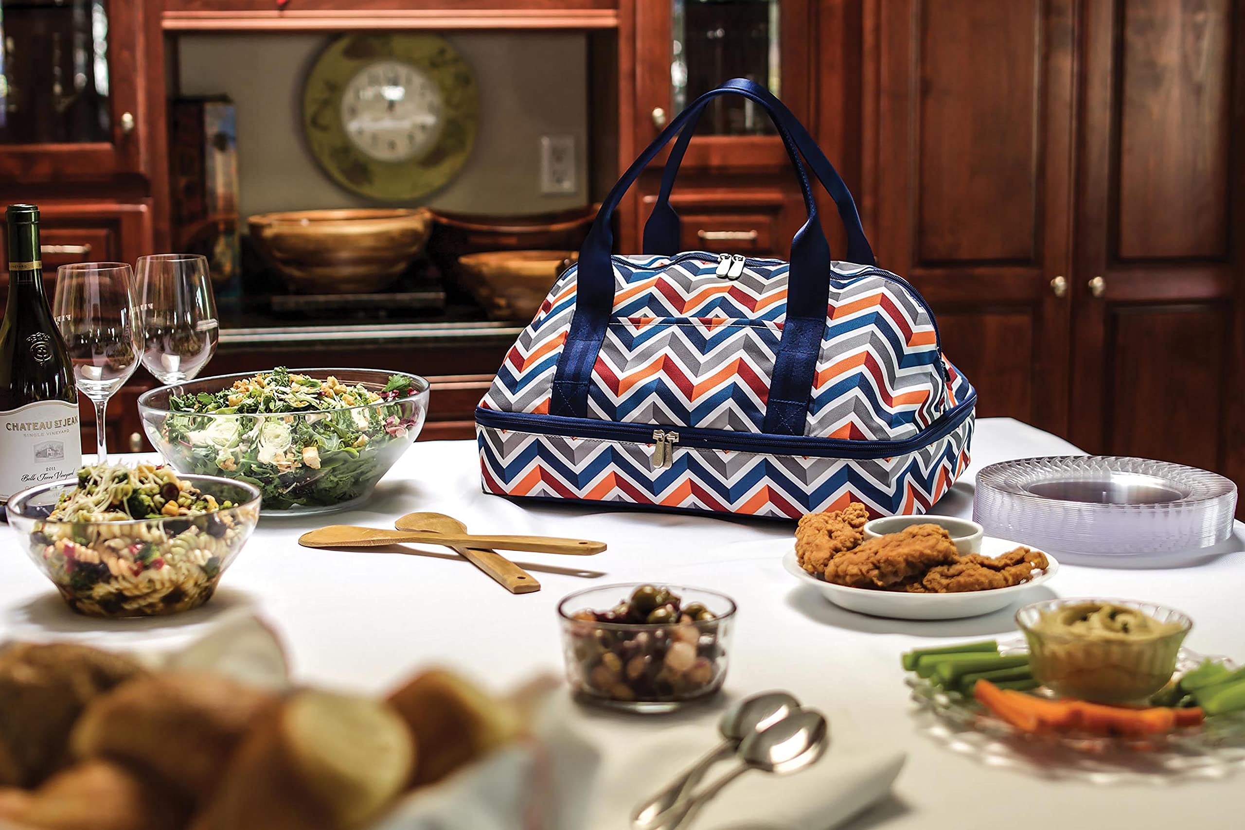 ONIVA - a Picnic Time brand Potluck Casserole Carrier, Insulated Thermal Food Carrier, Insulated Casserole Carrier, Navy Blue, Orange, & Gray Pattern