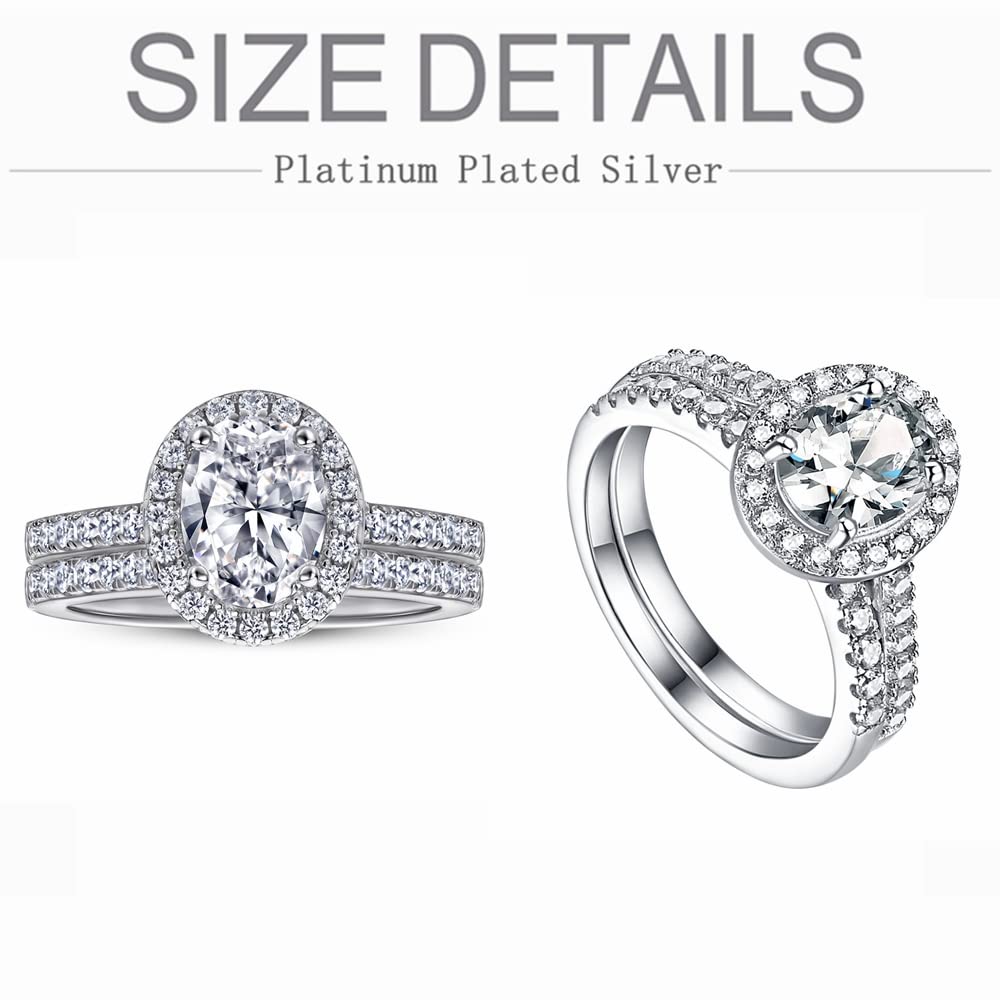 Oval Bridal Sets Wedding Ring Set for Women Platinum Plated Silver, 1Carat Center Moissanite Engagement Ring Set White Gold Anniversary Promise Rings for Her with Text Engraving(size 7