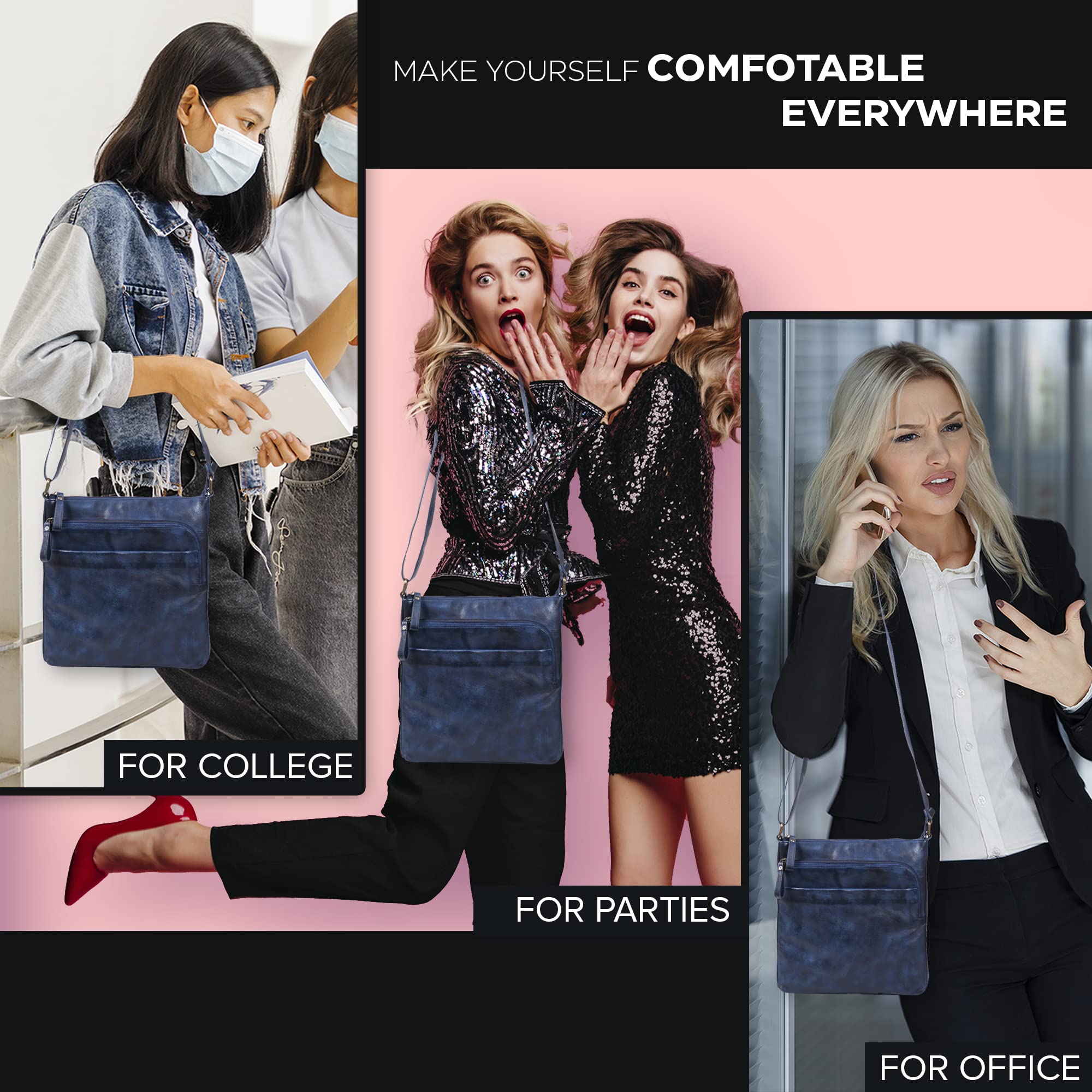 Real Leather Crossbody Bags For Women β Sling Bag Cross over Purse With Adjustable Shoulder Strap Medium Size Front Zipper (Dark Blue)