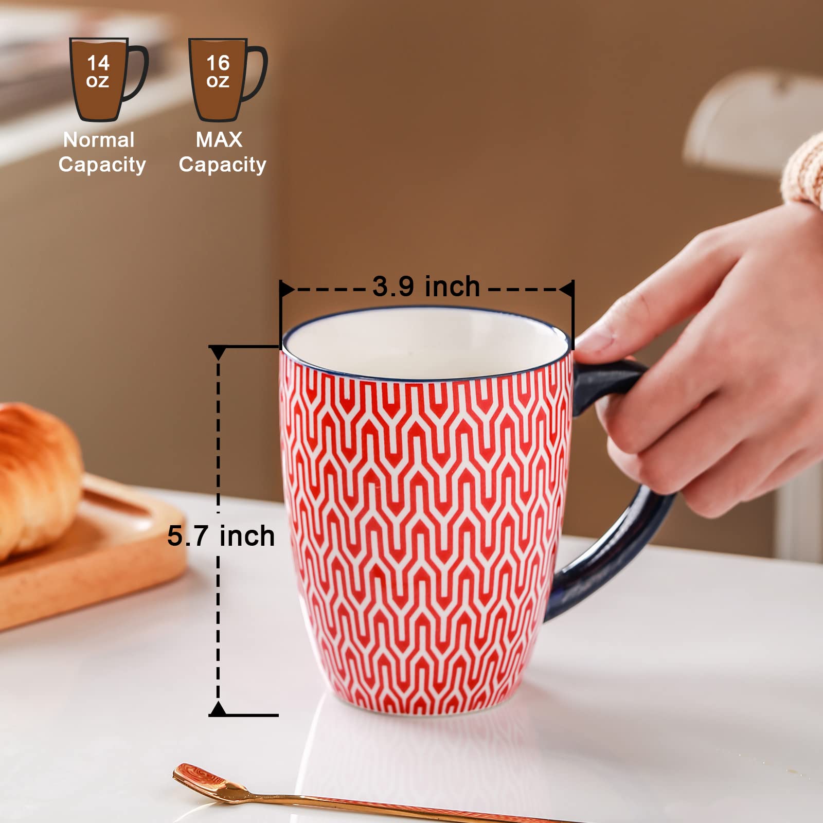 KitchenTour Ceramic Coffee Mug 11.6oz - Set of 6 - Coloful Restaurant Mugs - Cup set for Coffee, Tea, Cappuccino, Cocoa - Bohemia style