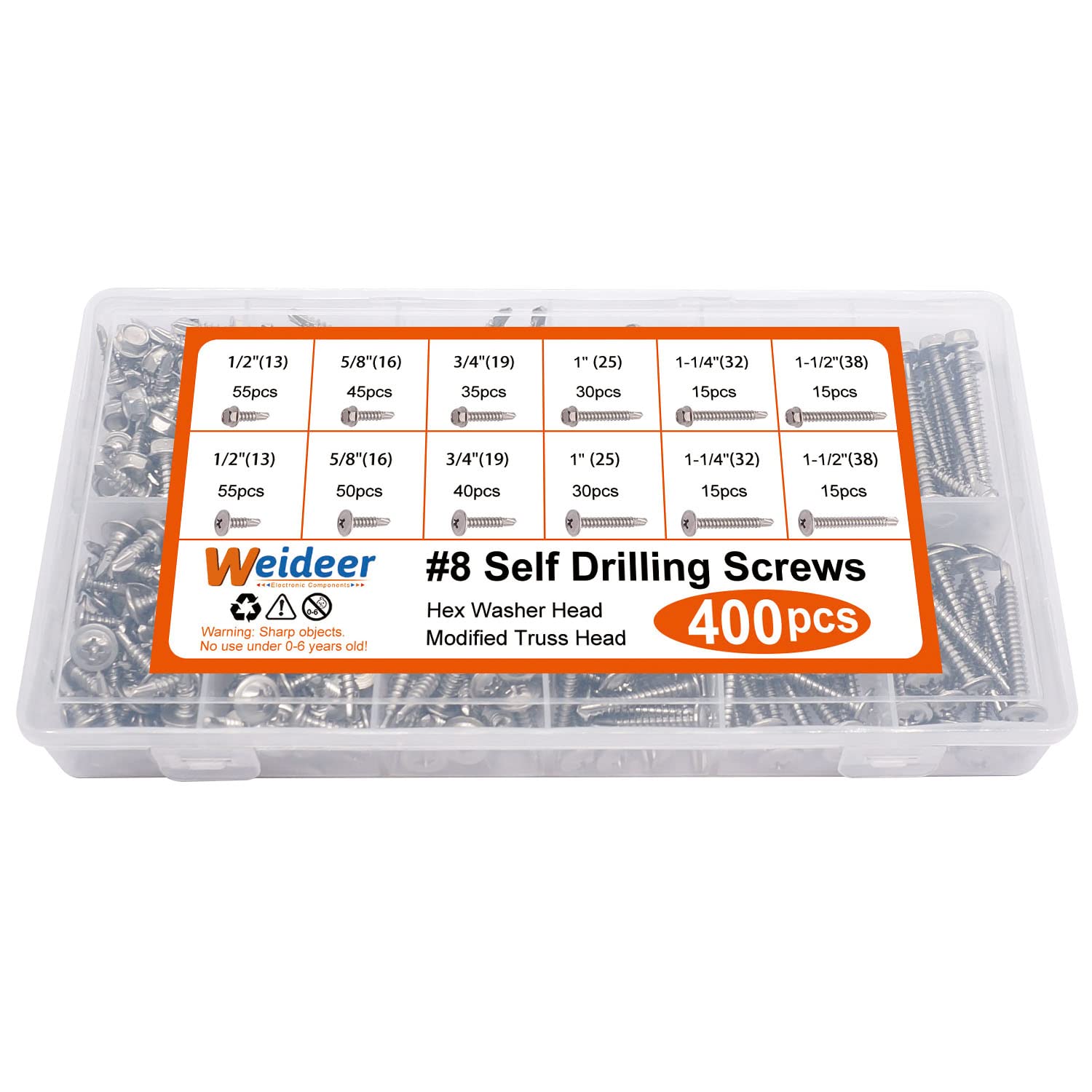 weideer 400pcs #8 Self Tapping Screws Sheet Metal Screws 410 Stainless Steel Truss Head Hex Washer Head Self Drilling Screws High-Strength Quick Tapping Screws (1/2"to1-1/2") K-056-400P