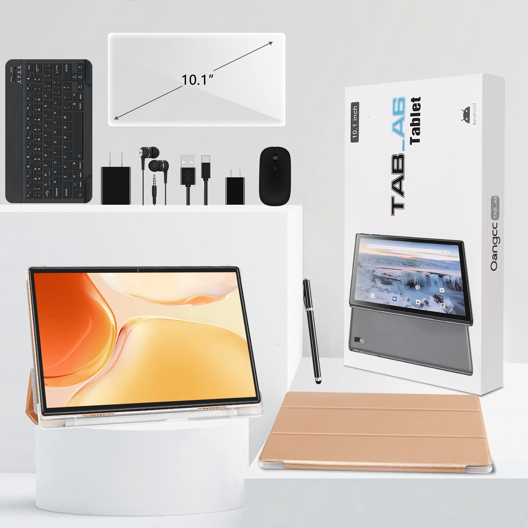 πππ§π ππ Android 12 Tablet 10.1 Inch 2023 Newest Tablets, 4GB + 64GB (Max 128G) 8000mAh Battery with Bluetooth Keyboard | Mouse | GPS | Dual Camera | Case | WiFi support and More - A6 (Gold)
