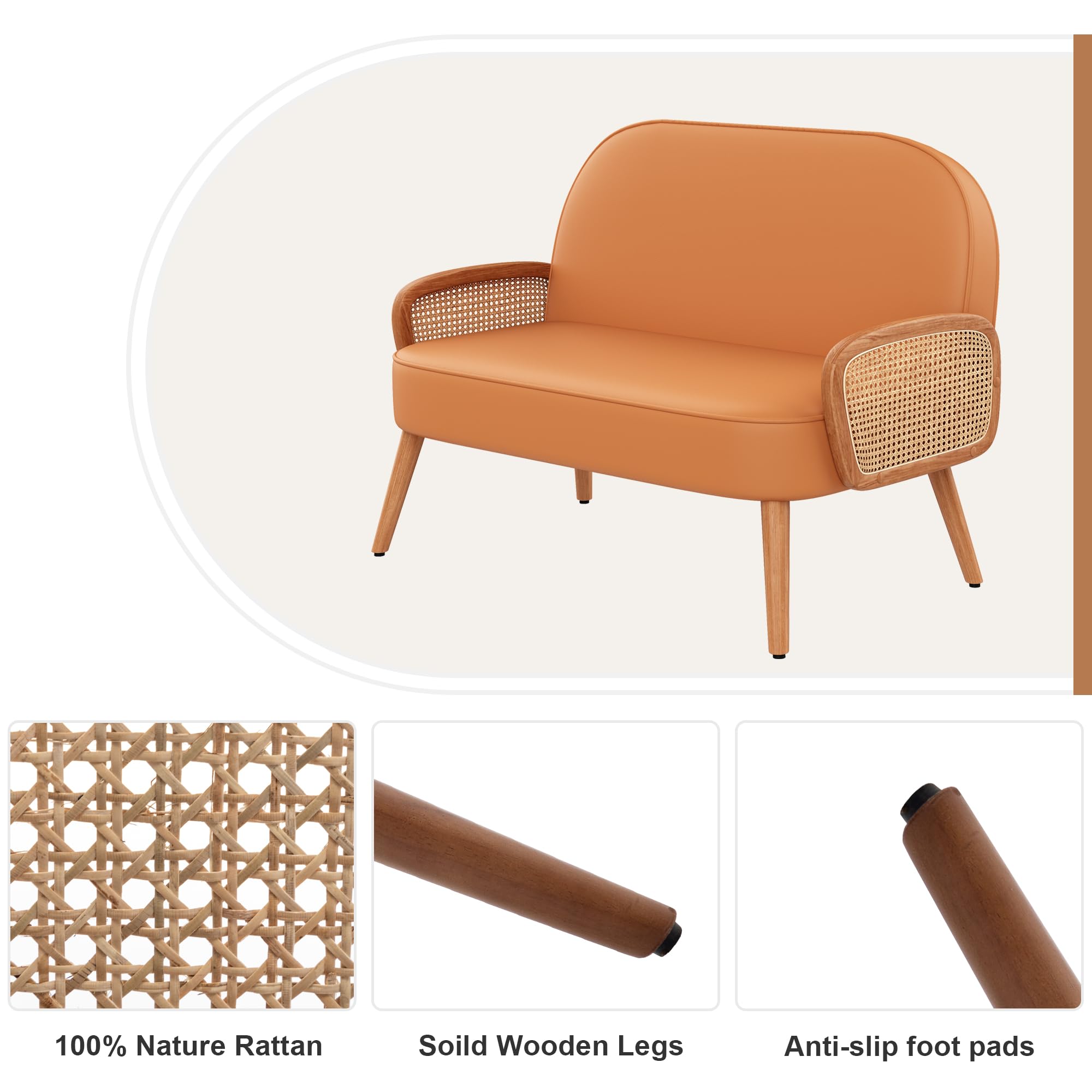 WENTMENT Loveseat Sofa Small Couch for Living Room, Faux Leather Mini Couch Love Seat with Natural Rattan Armrest and Solid Wooden Legs Small Sofa for Small Space, Bedroom, Apartment(Orange)