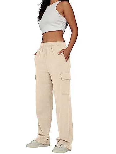 Womens Fleece Cargo Sweatpants Y2K Baggy Fleece Elastic Parachute Pants Fall Outfits Gym Lounge Trousers with Pockets Apricot