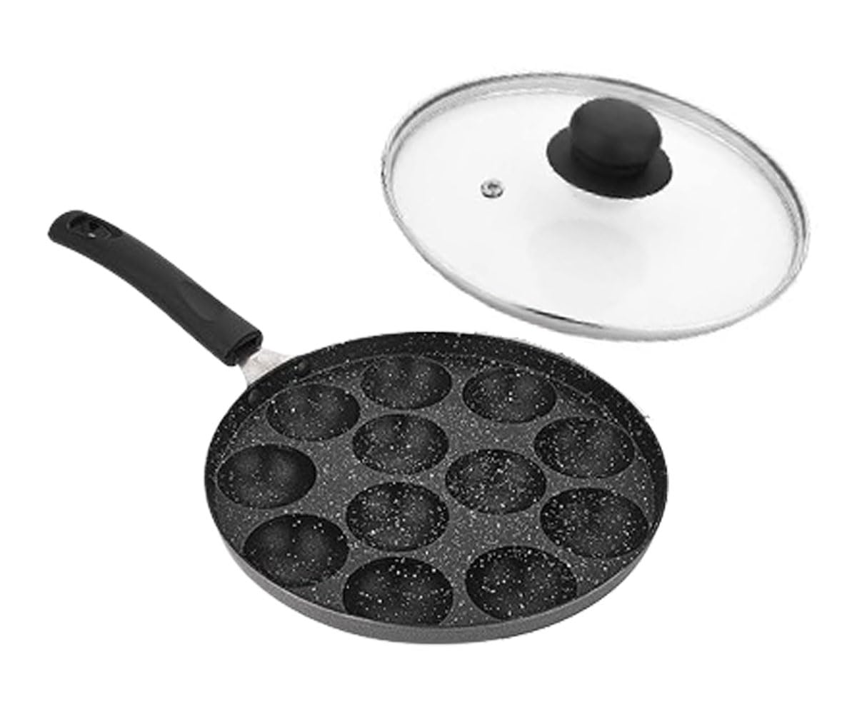 Non Stick Aluminium Appam Maker Pan 12 Pits with Glass Lid, Black