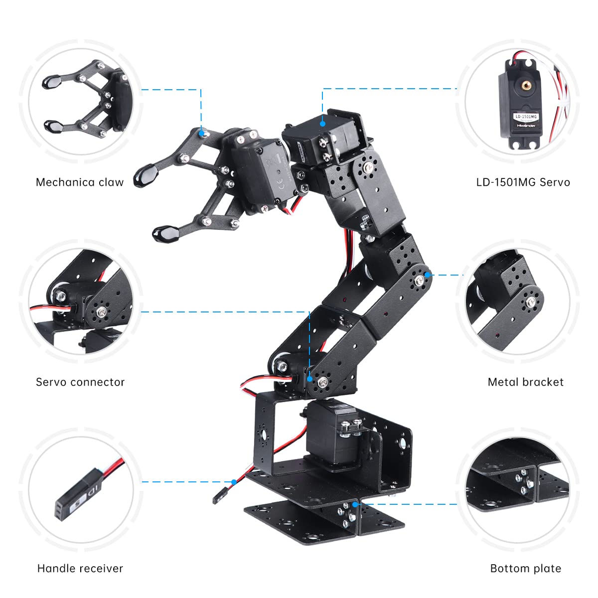 ROT3U 6DOF Black Aluminium Robot Arm Mechanical Claw Robotic Claw Kit (Unassembled Parts without Servos)