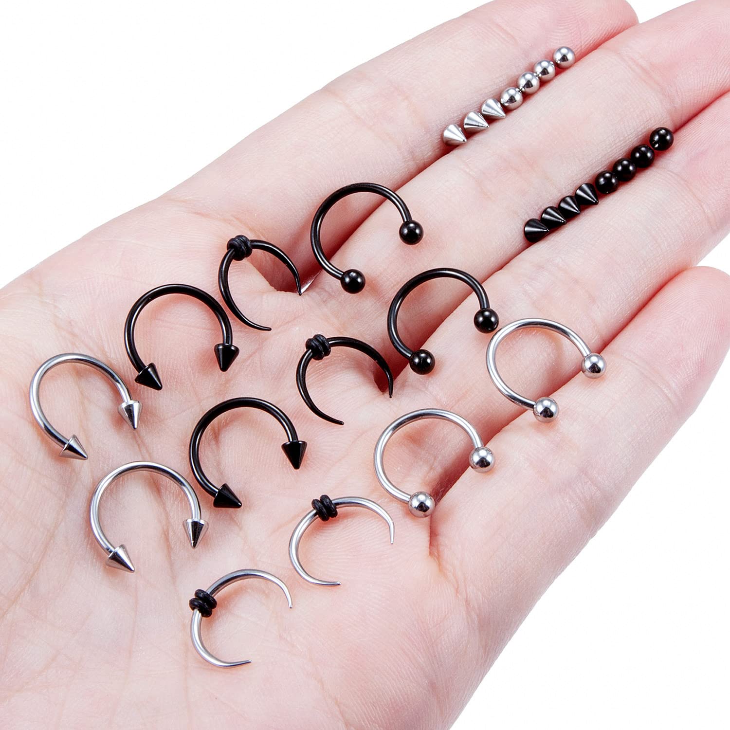 Ovxznts 16G Surgical Steel Septum Rings Nose Septum Horseshoe Hoop Lip Smiley Piercing Jewelry Eyebrow Ring Daith Earrings Replacement Ball and Spikes Set