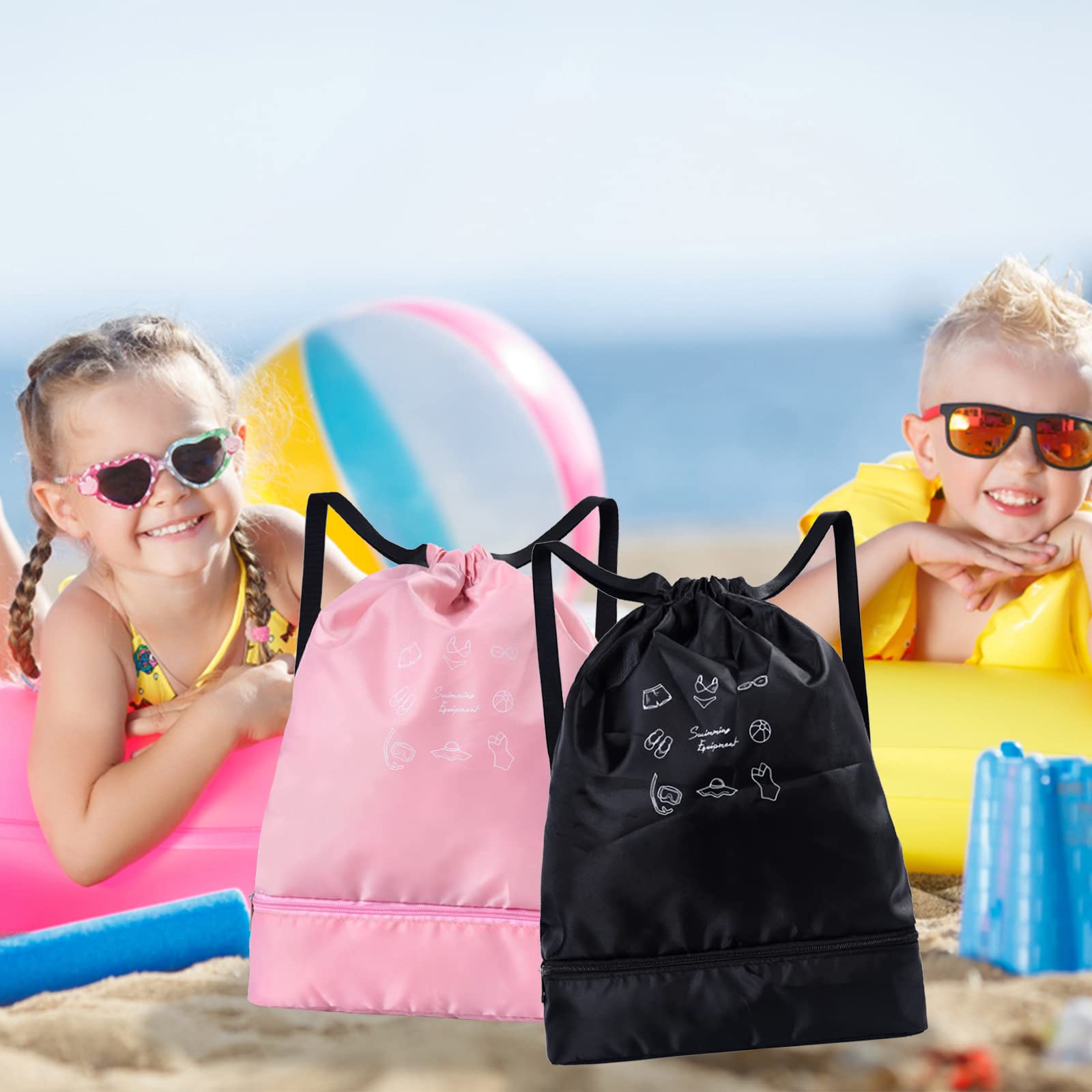 Kunyeah Drawstring Backpack Bag Waterproof Beach Pack With Shoe Compartment Swim Bag Sports Gym Backpack (Black)