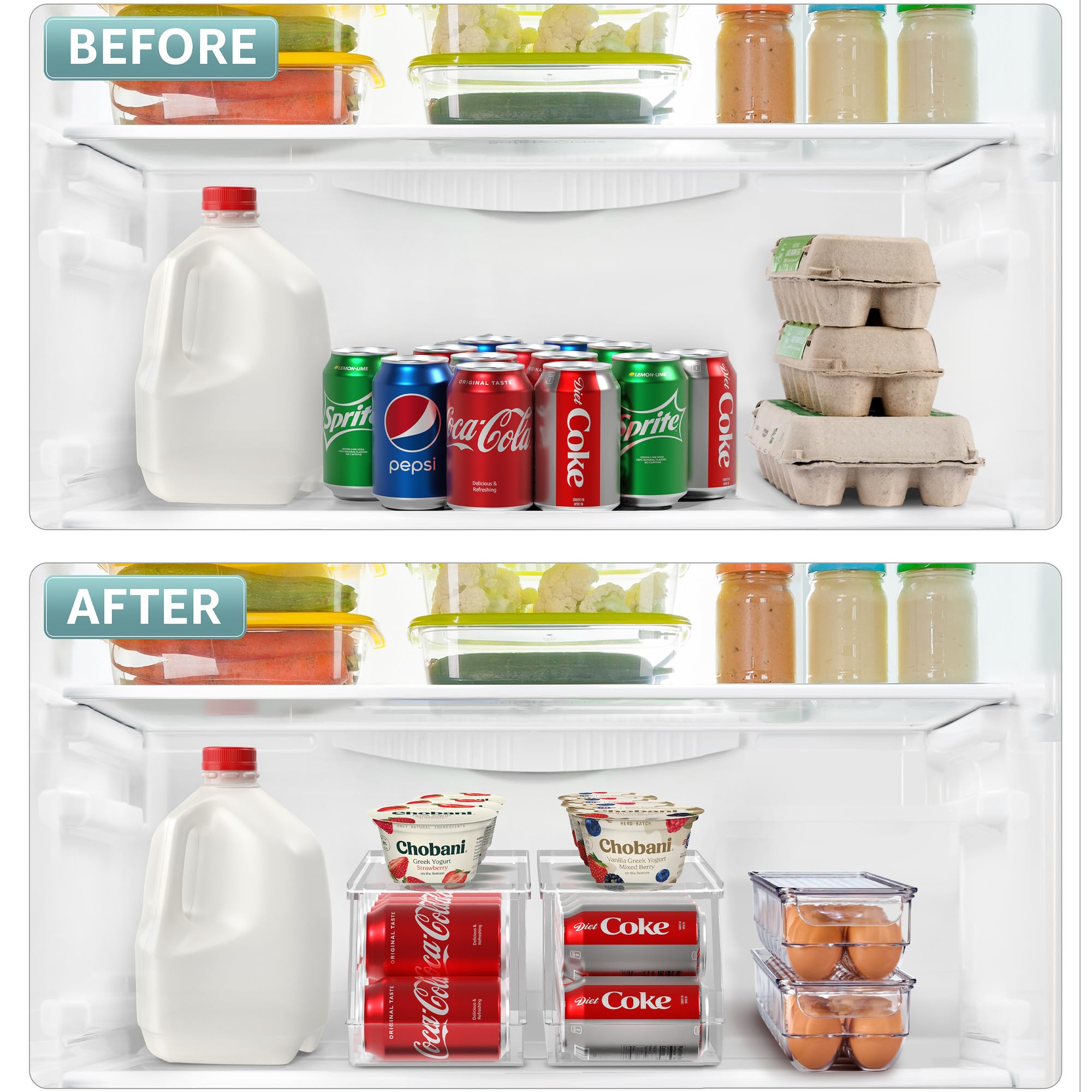 Sorbus Soda Can Organizer for Refrigerator & Egg Holder for Fridge Set, 2 Stackable Can Holder Dispenser Holds 12 Cans Each & 2 Egg Holders with Lid holds 14 eggs for Fridge, Pantry, Freezer, BPA-Free
