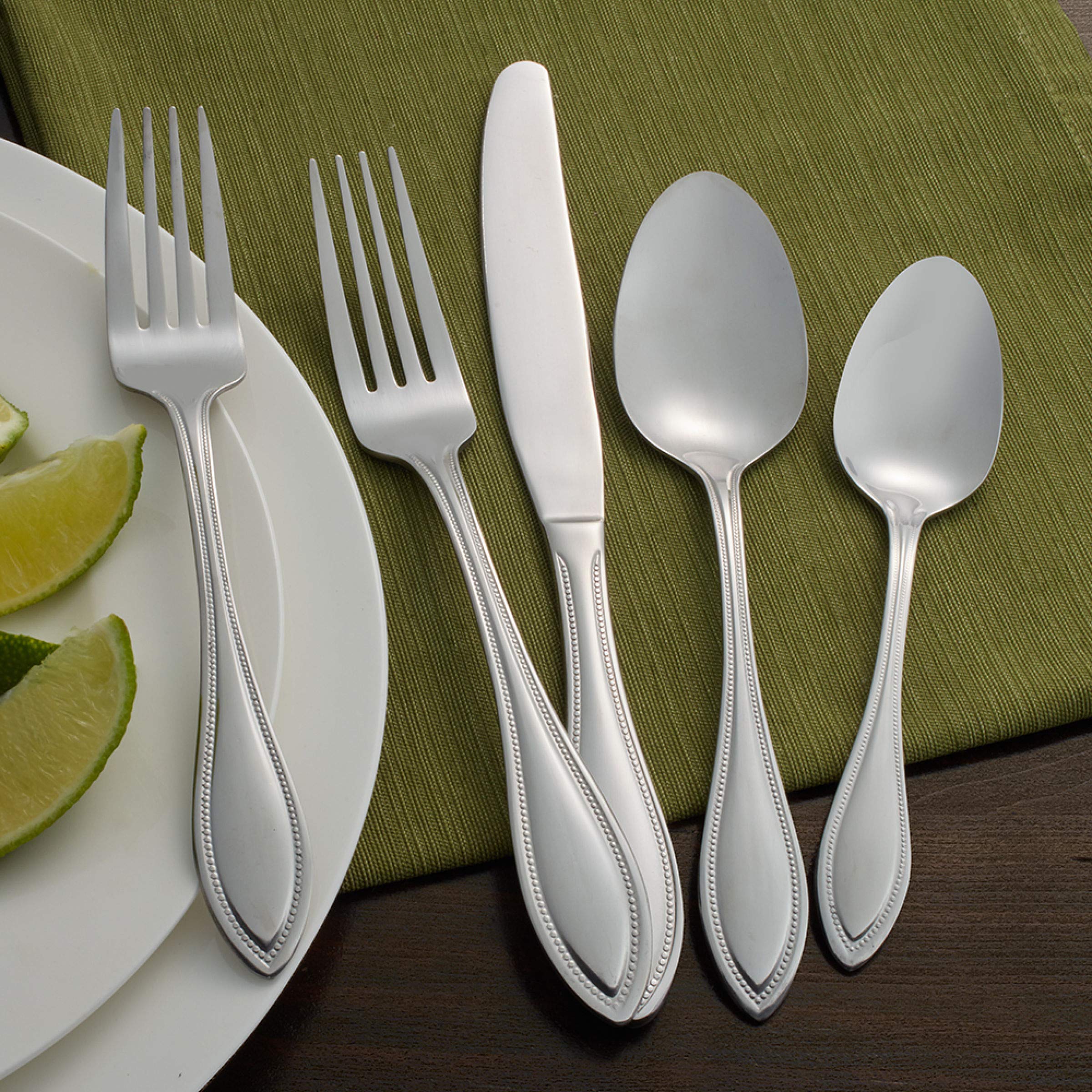 Pfaltzgraff American Bead 61-Piece Stainless Steel Flatware Set with Serving Utensil Set, Steak Knives and Iced Tea Spoons, Service for 8