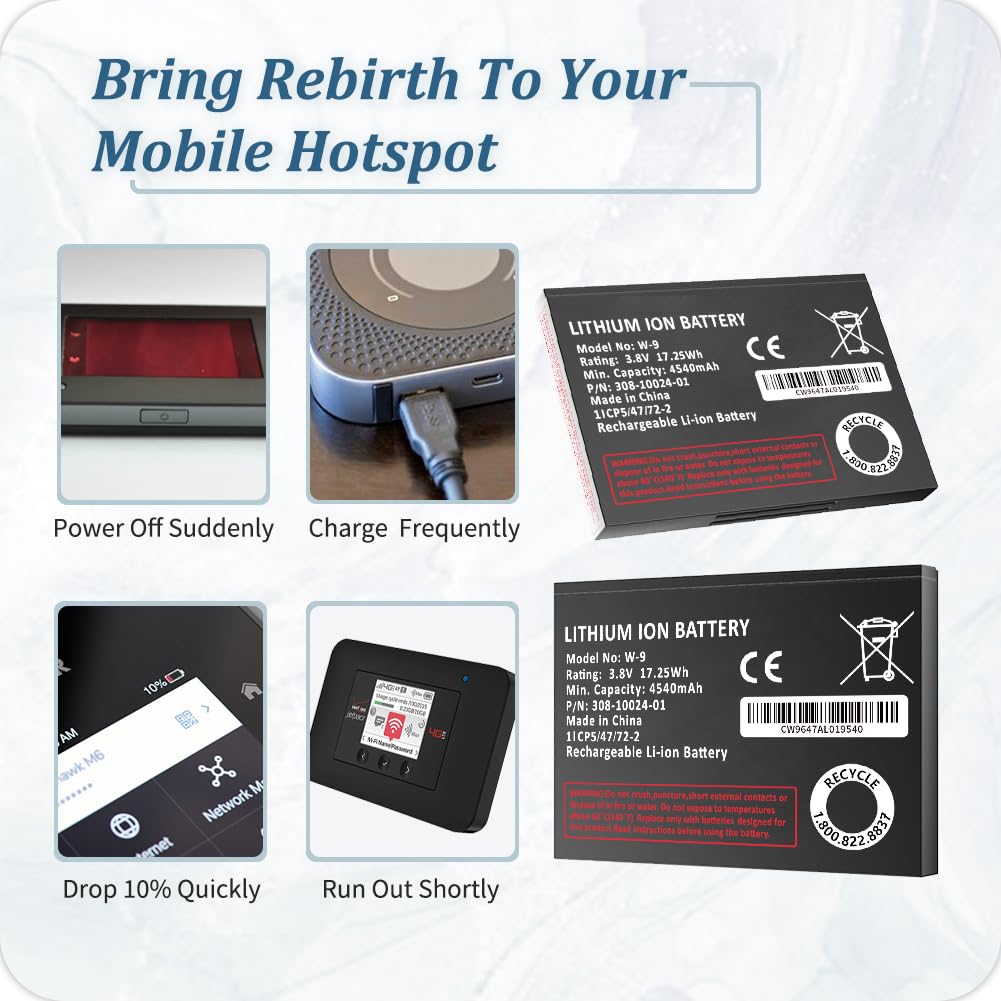 Soseieiu W-10a Battery,[𝟐𝟎𝟐𝟒 𝐍𝐞𝐰 𝐔𝐩𝐠𝐫𝐚𝐝𝐞𝐝] 5200 mAh Replacement Battery for Netgear MR1100 M1 Mobile Hotspot Router 3.85V/20.02Wh