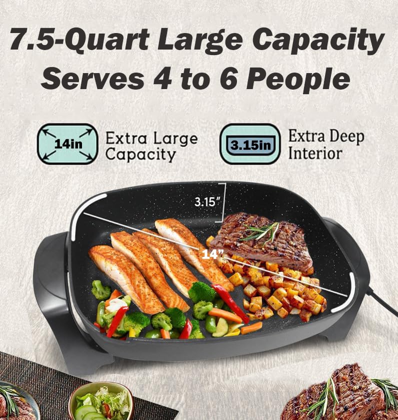 Nonstick Extra Deep Electric Skillet - with Glass Vented Lid, Serves 4 to 6 People (7.5Qt.)