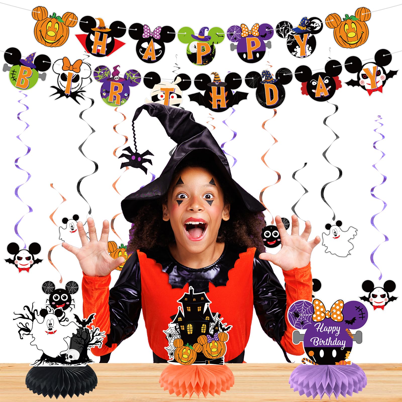 Mouse Halloween Happy Birthday Banners with Hanging Swirls,Ghost Mouse Birthday Decorations for Mouse Theme Halloween Party Birthday Party Decorations