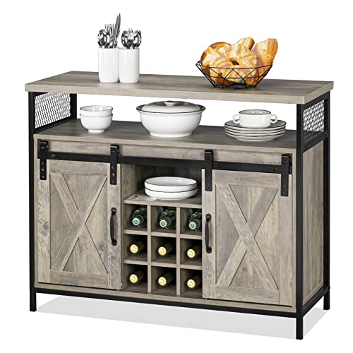 VINGLI Farmhouse Barn Door Buffet Sideboard Accent Storage Liquor Cabinet w/Removable 9-Bottle Wine Rack, Rustic Wine Cabinet Home Bar Furniture for Kitchen Dining Room (Wash Grey)