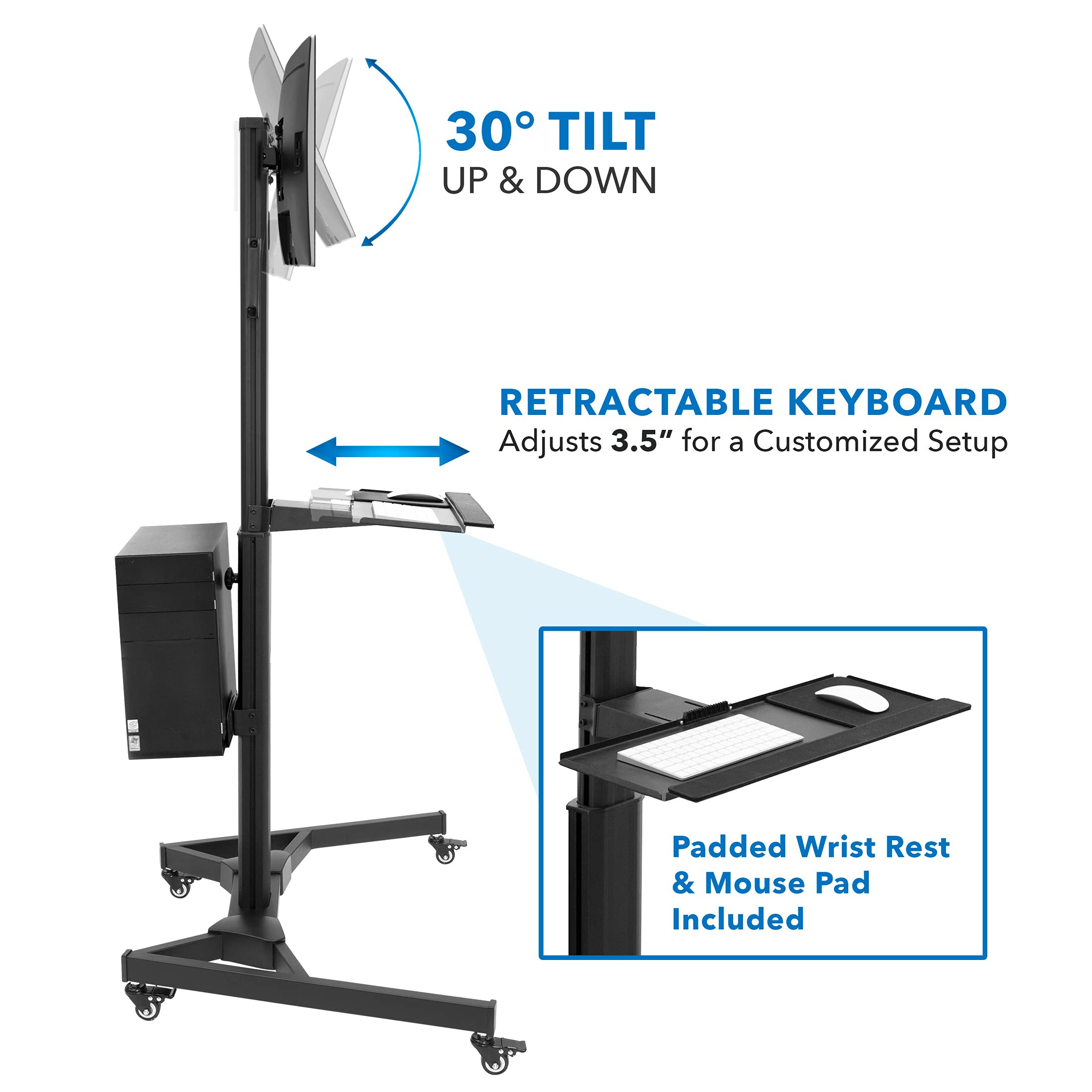Mount-It! Adjustable Mobile PC Workstation - Dual Monitors up to 32", Rolling Computer Cart Wheels, Rolling 2 Monitor Stand, Keyboard and CPU Holder for Office, Medical, Hospitals, Home & Classrooms
